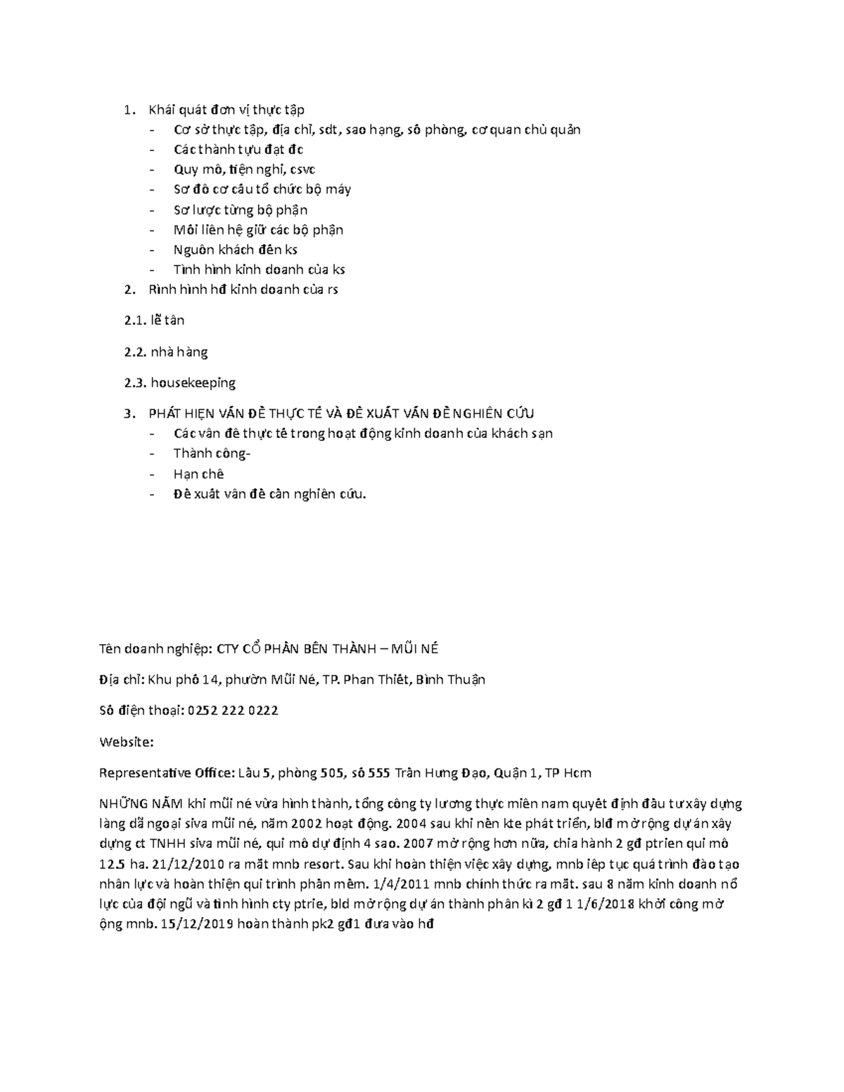 Dàn bài - miiii - Khái quát đ n v th c t pơịựậ C s th c t p, đ a ch , sdt, sao h ng, sốố phòng ...