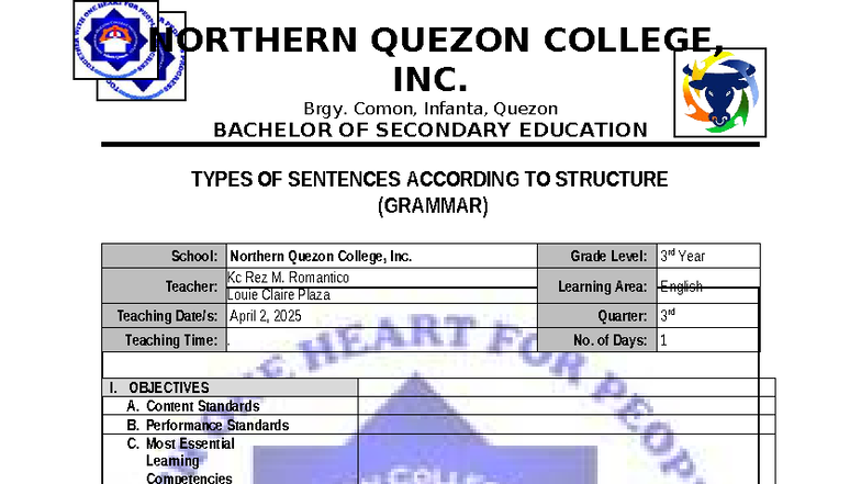 Types of Sentences Lesson Plan (Grammar) - BSED 3rd Year - Studocu