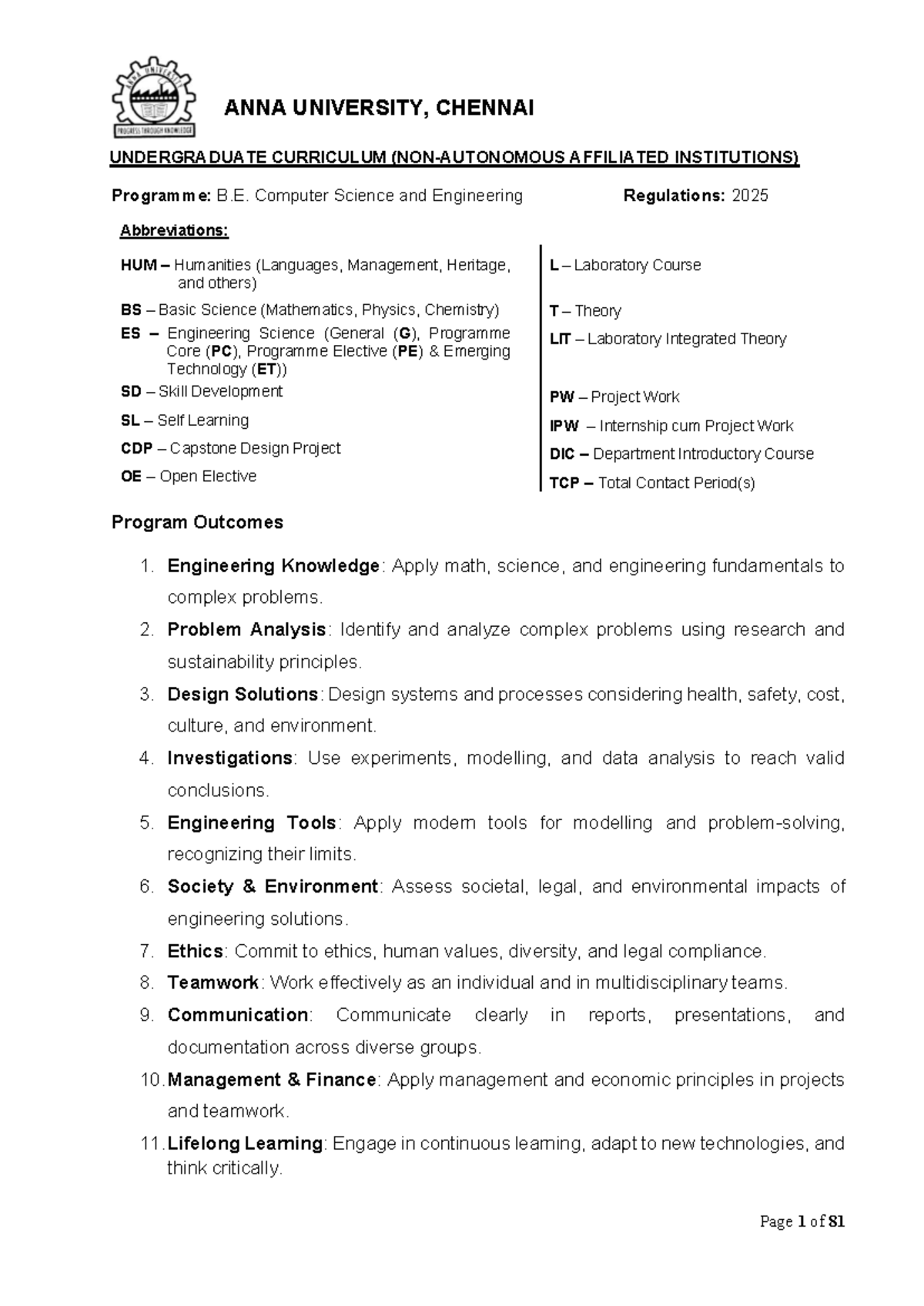 BE CSE Curriculum Overview and Course Details (Regulations 2025) - Studocu