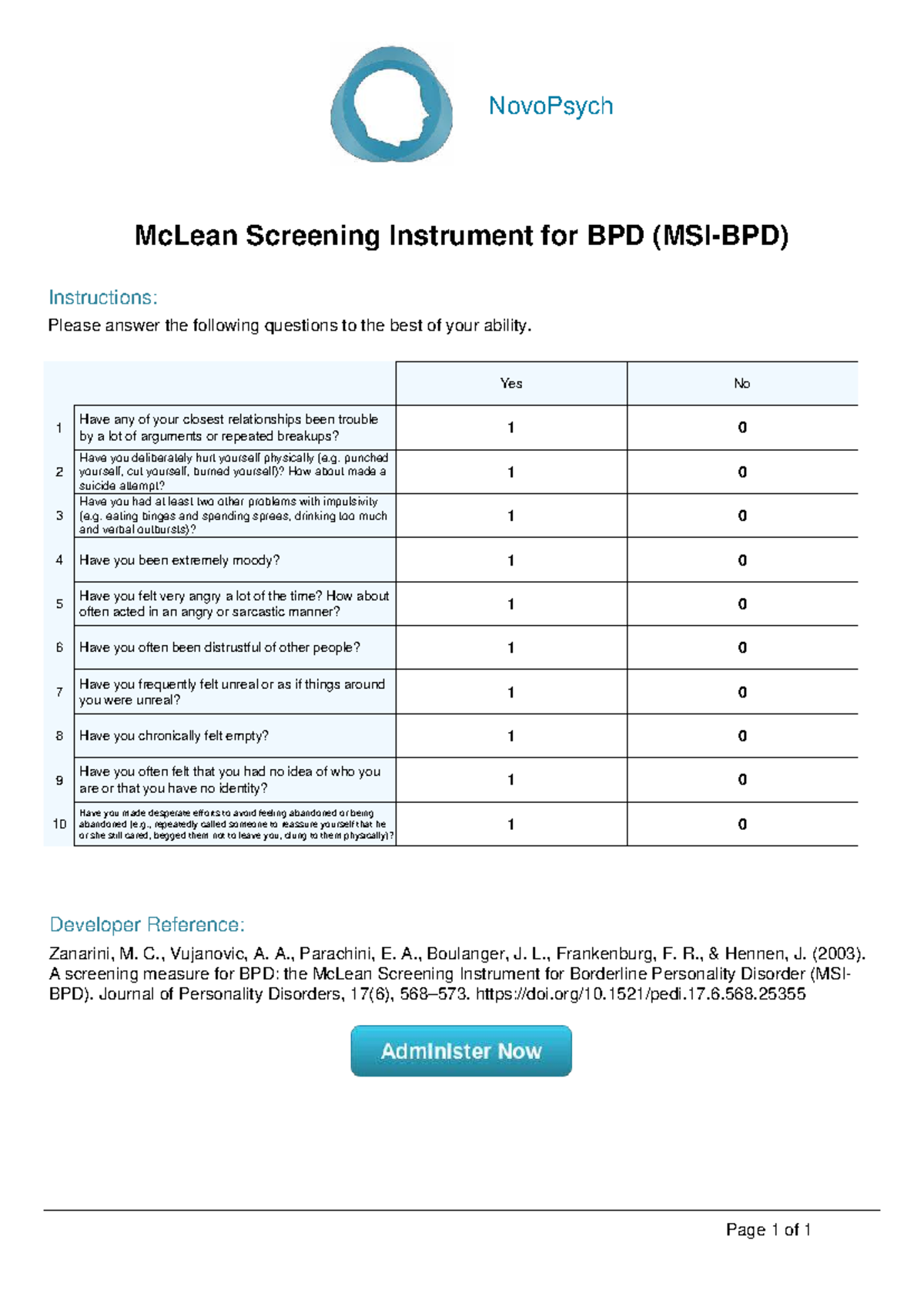 NovoPsych McLean Screening Instrument for BPD Assessment Form - Studocu