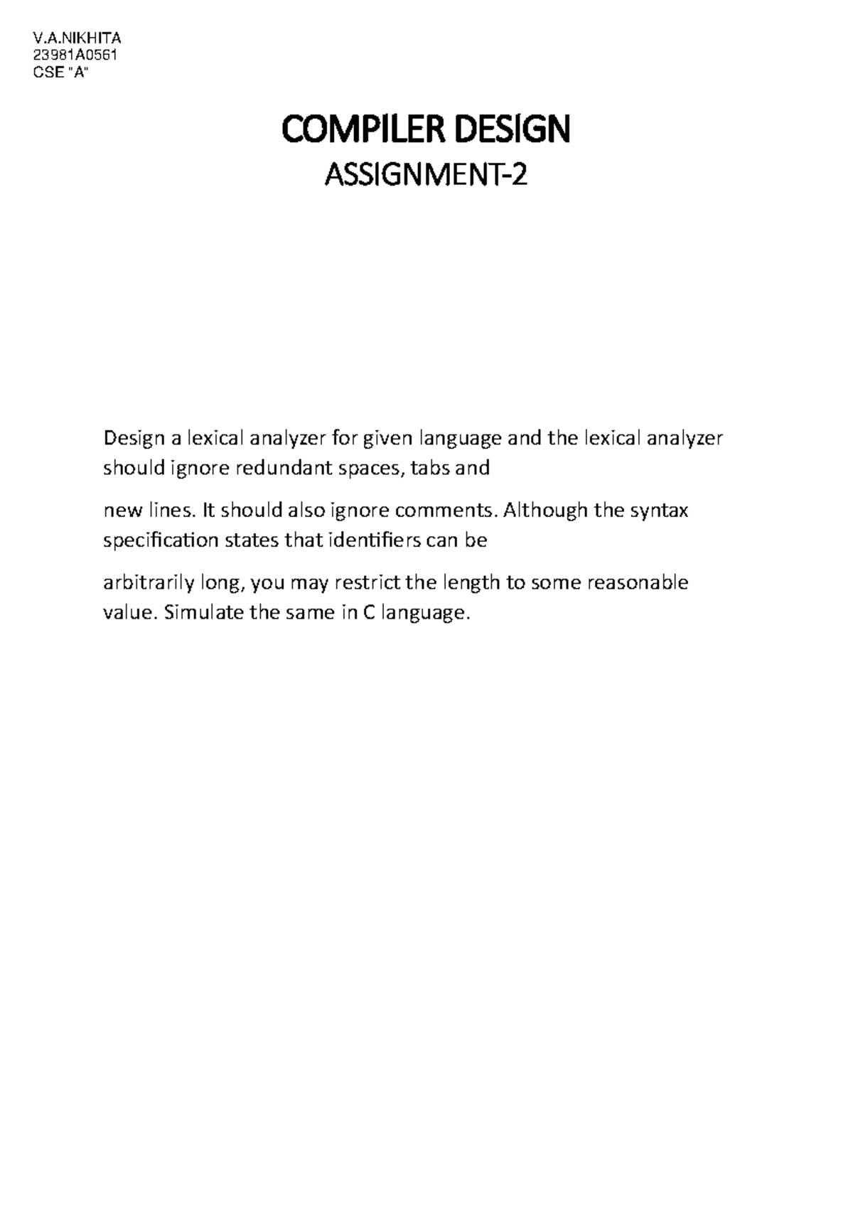 23981 A0561 CD- Assignment 2 - Computer Data science - COMPILER DESIGN ASSIGNMENT- 2 NAME : G ...