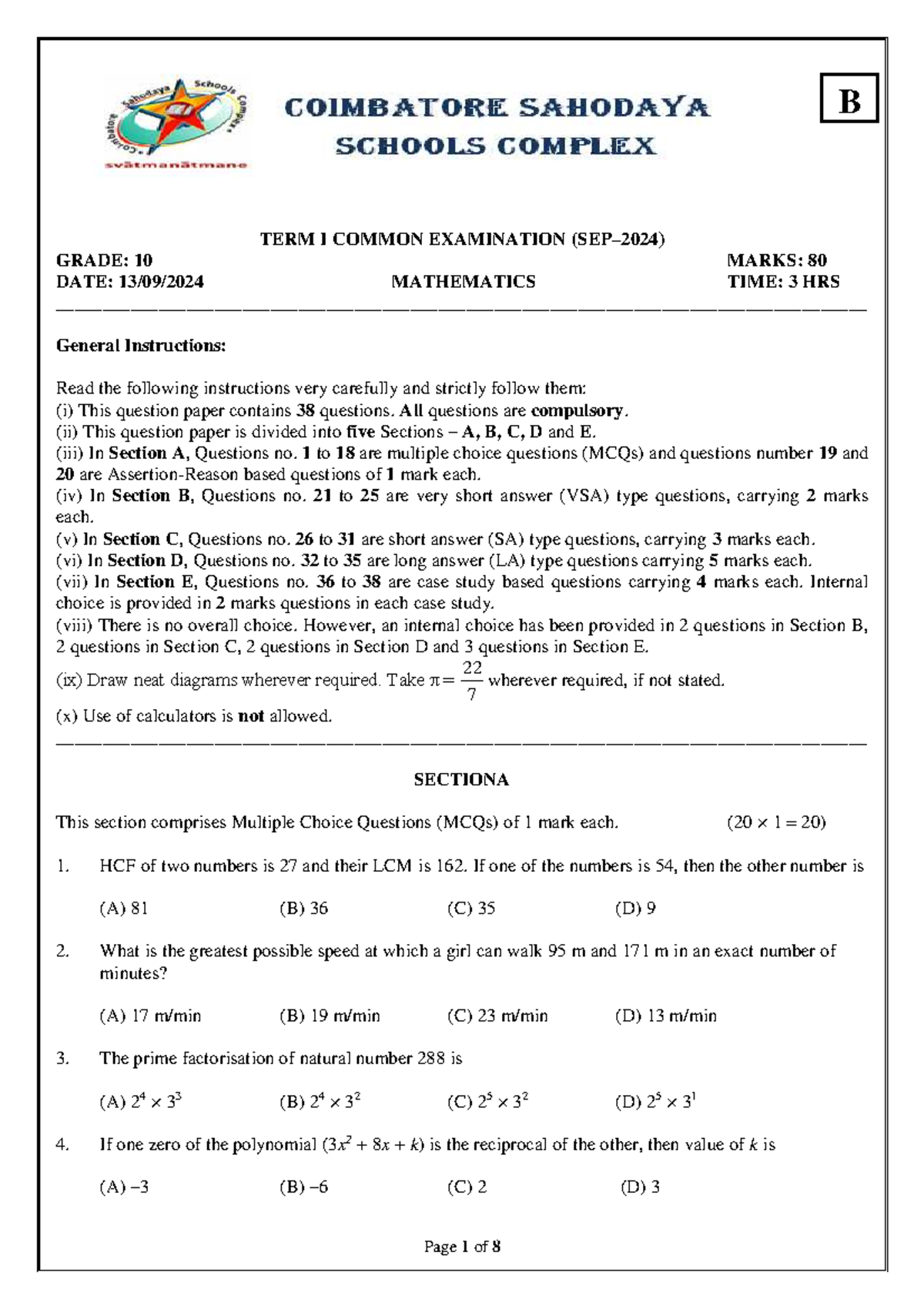 Grade 10 Maths SET B Common Examination Paper - Studocu