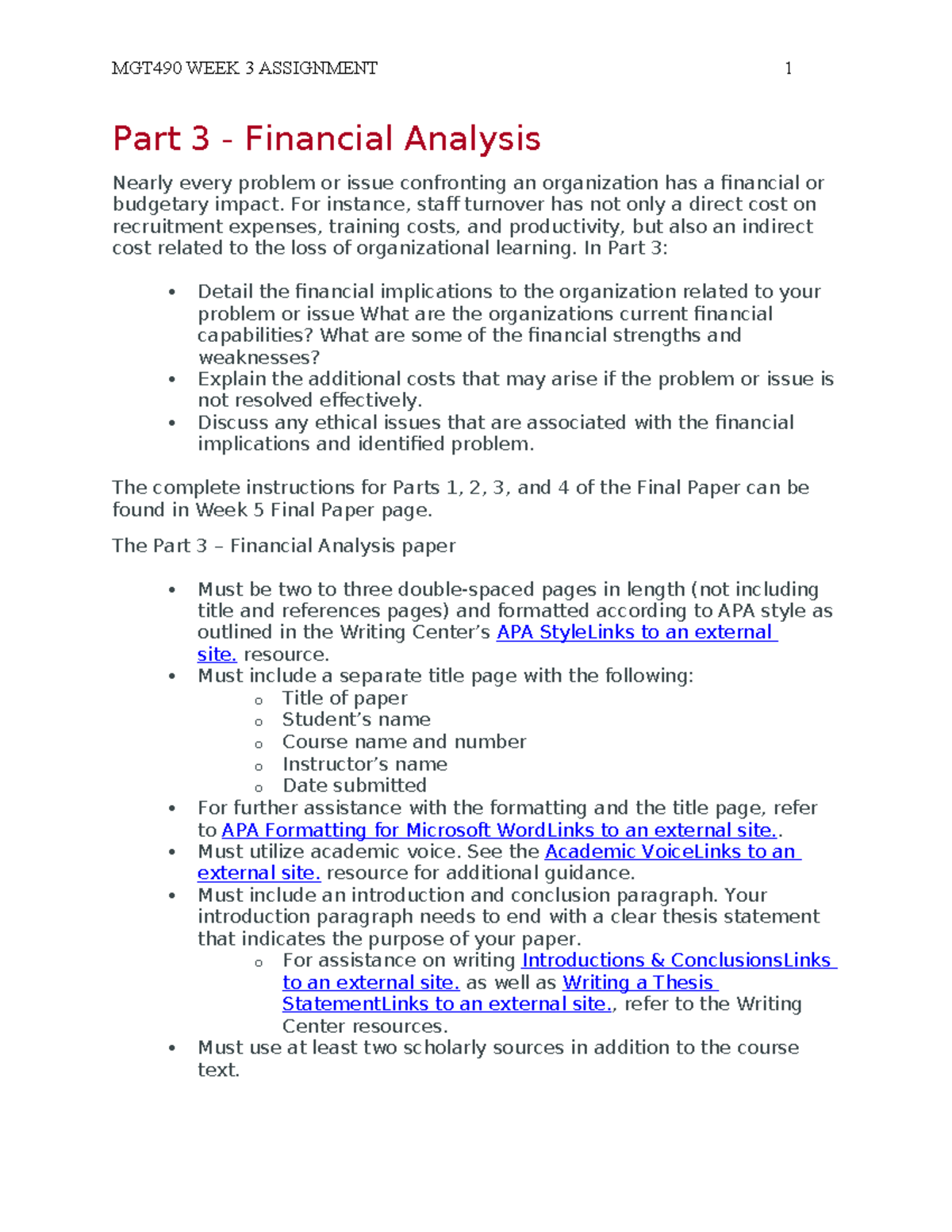 MGT490 Week 3 Assignment: Financial Analysis of Organizational Challenges - Studocu
