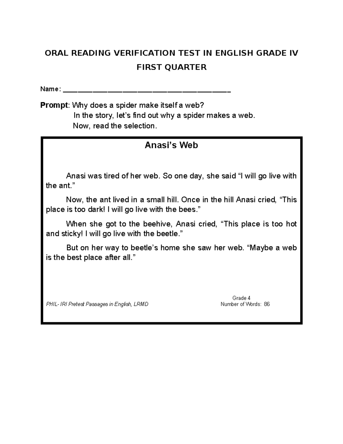Grade 4 ORVT - Oral Reading Verification Test Selections and Questions ...