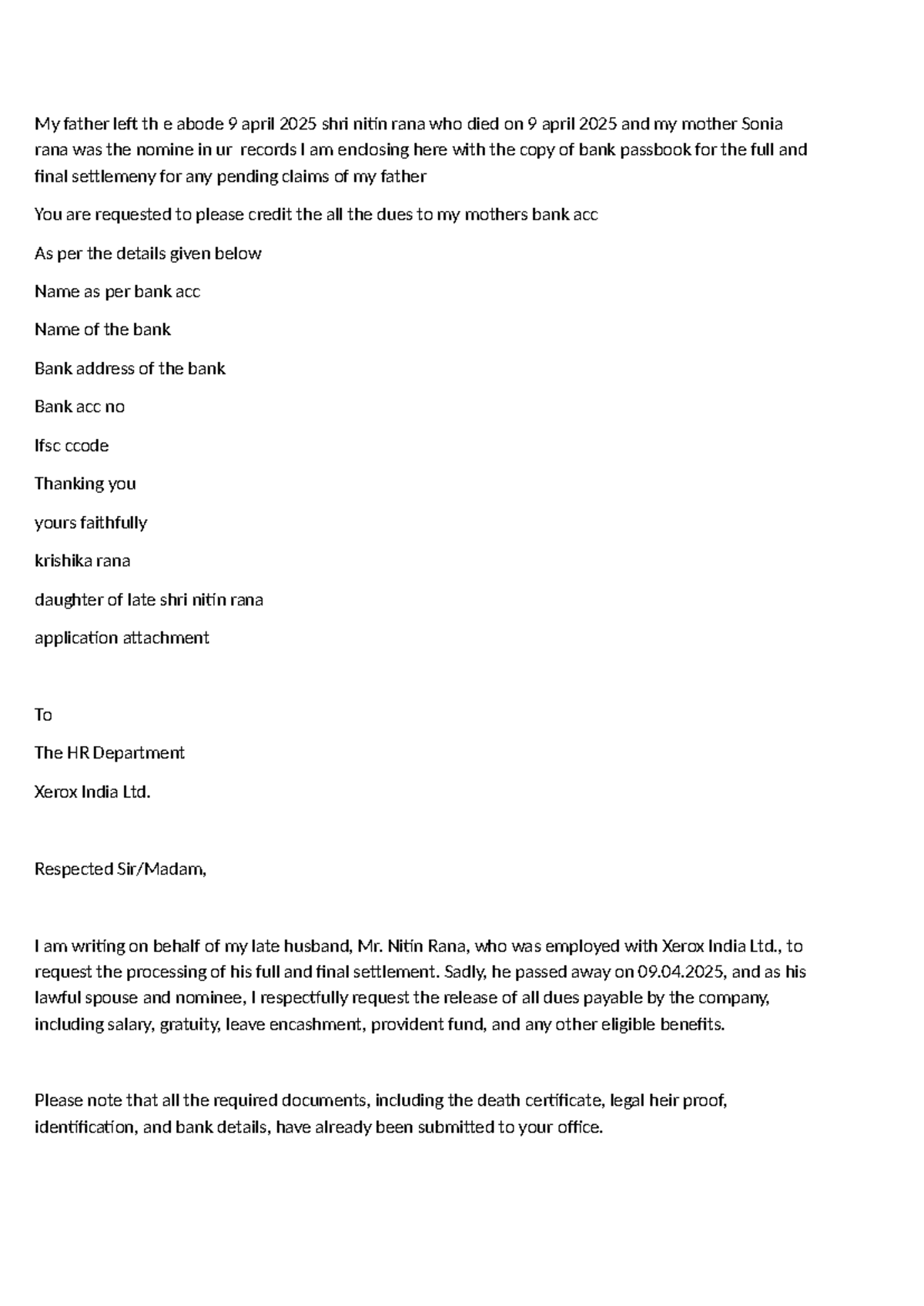 Application for Full and Final Settlement - Late Shri Nitin Rana - Studocu