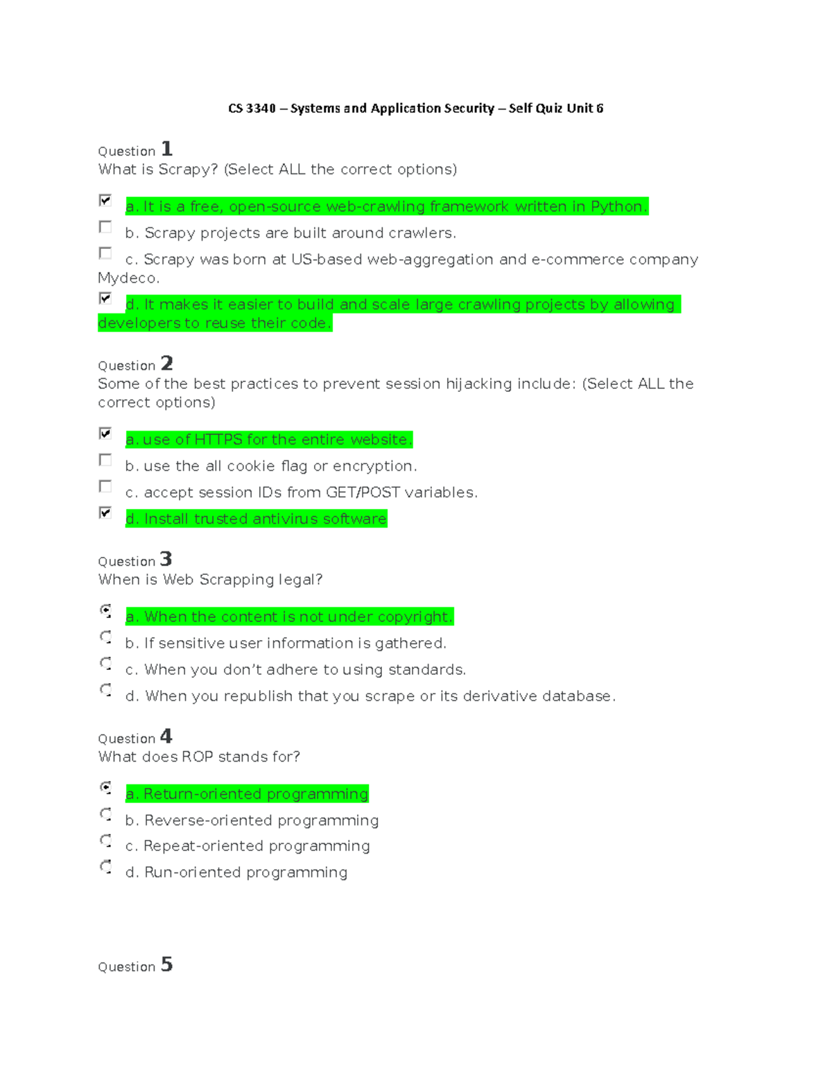 CS 3340 - Systems and Application Security - Self Quiz Unit 6 - CS 3340 – Systems and ...