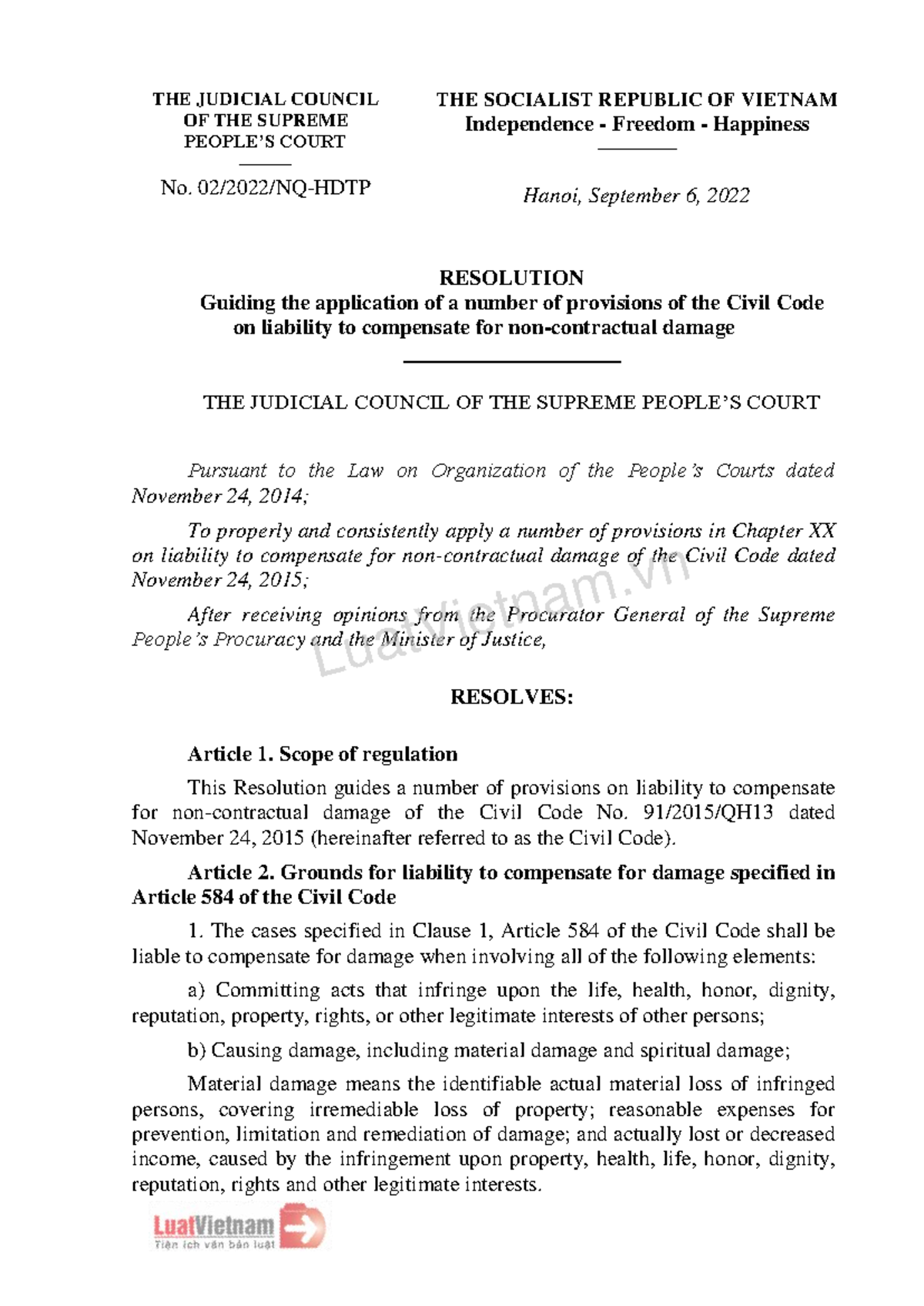 Resolution 02/2022/NQ-HĐTP on Civil Code Damage Compensation Guidelines ...