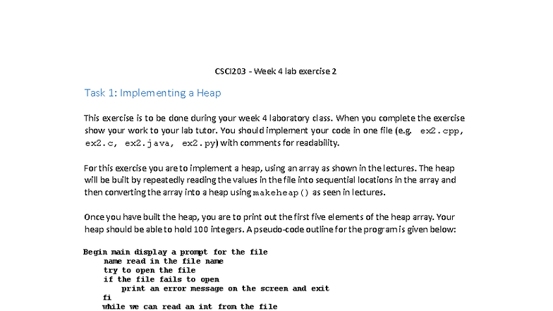 CSCI203 Week 4 Lab Exercise 2: Implementing a Heap and Merging Lists - Studocu