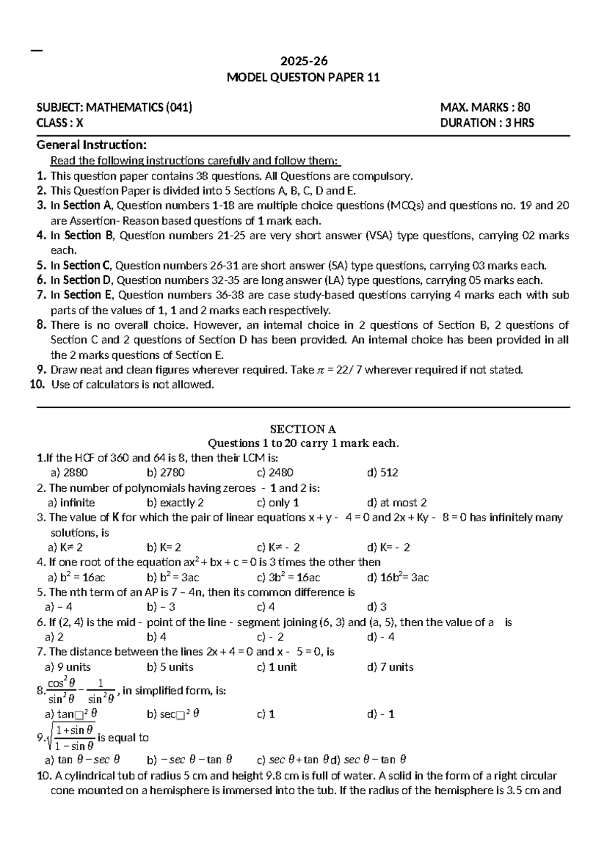 Sample Paper 11 - Mathematics (041) Class X - Model Question Paper ...