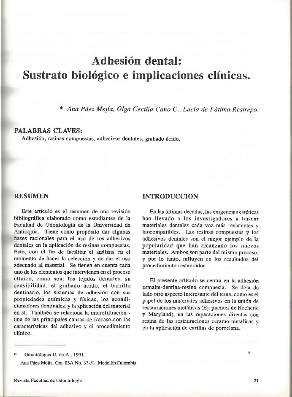 Adhesión Dental: Sustrato Biológico y Implicaciones Clínicas en ...
