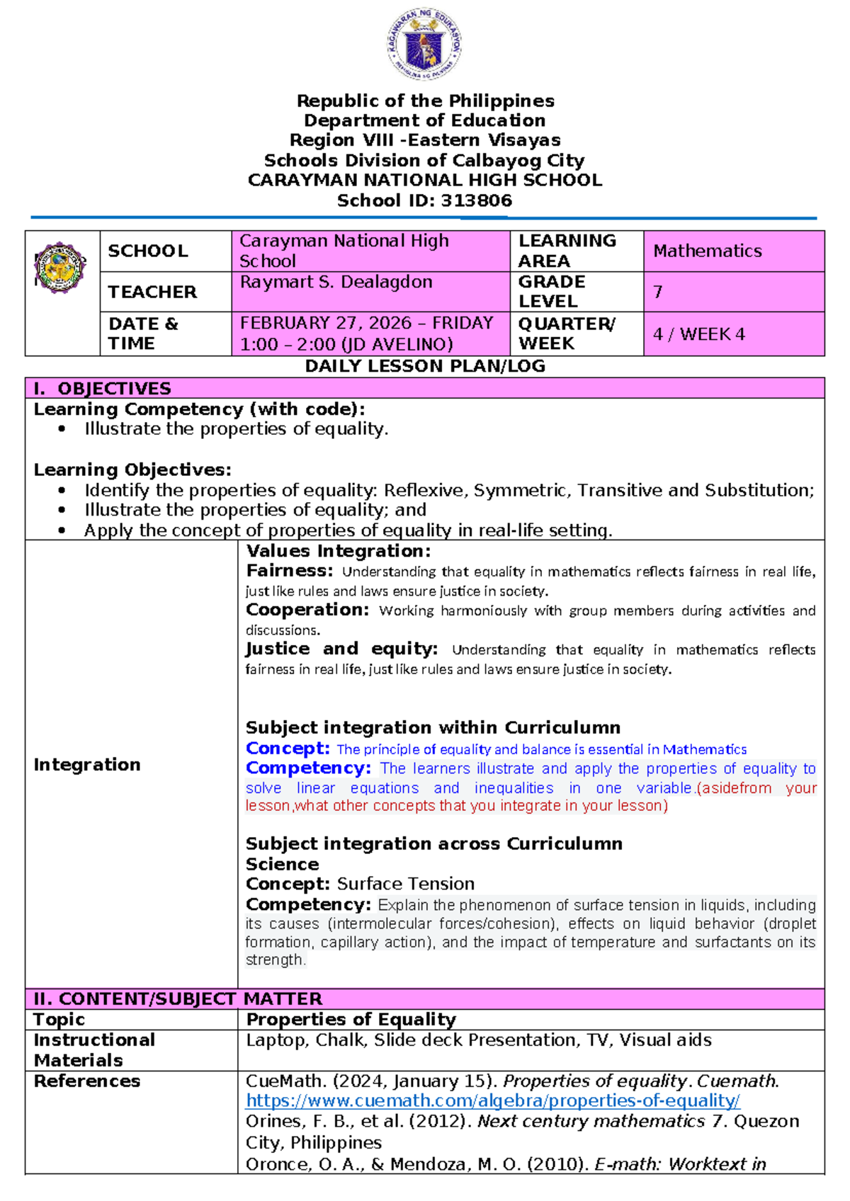 Mathematics 7 Daily Lesson Plan: Properties of Equality - Studocu
