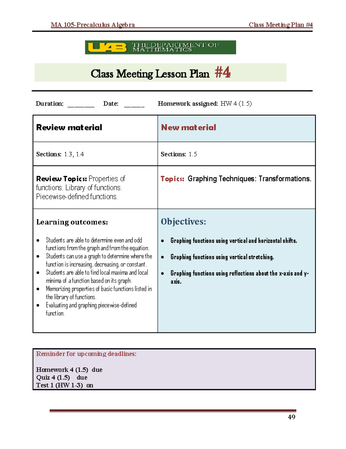 MA 105 Precalculus Algebra Class Meeting Plan #4 - Studocu