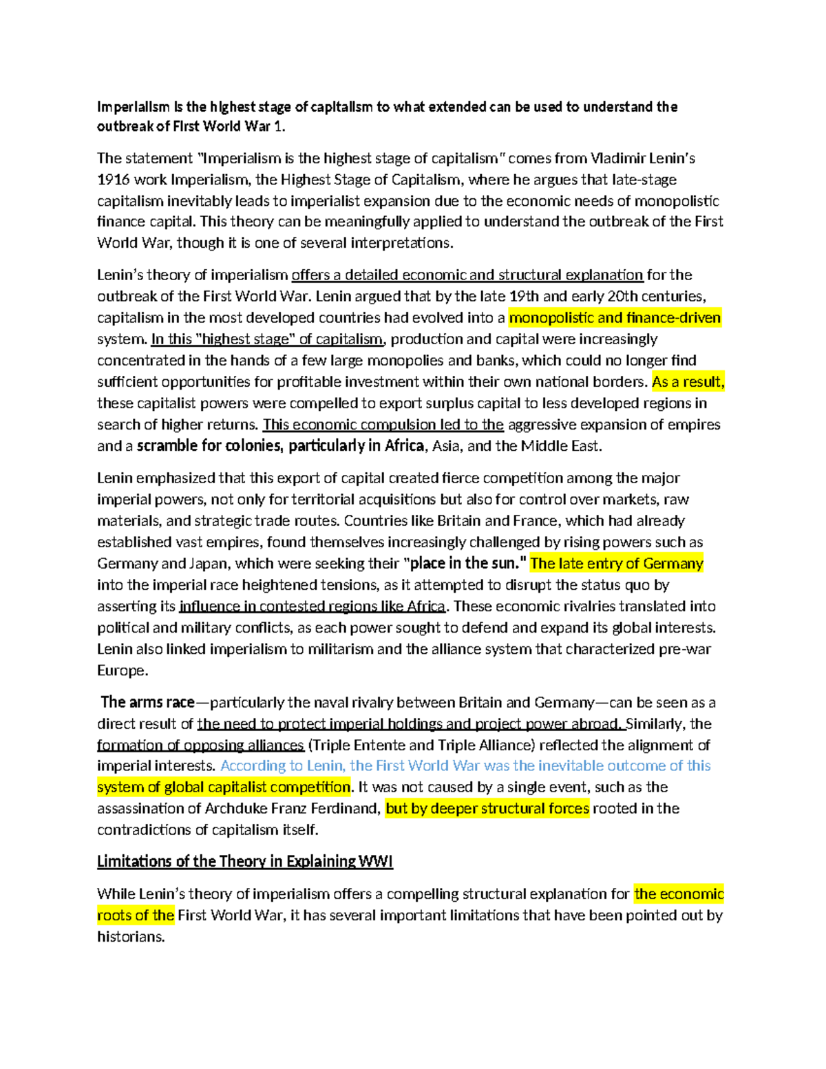 Understanding Imperialism and Its Role in WWI: A Study Guide (HIST 101 ...