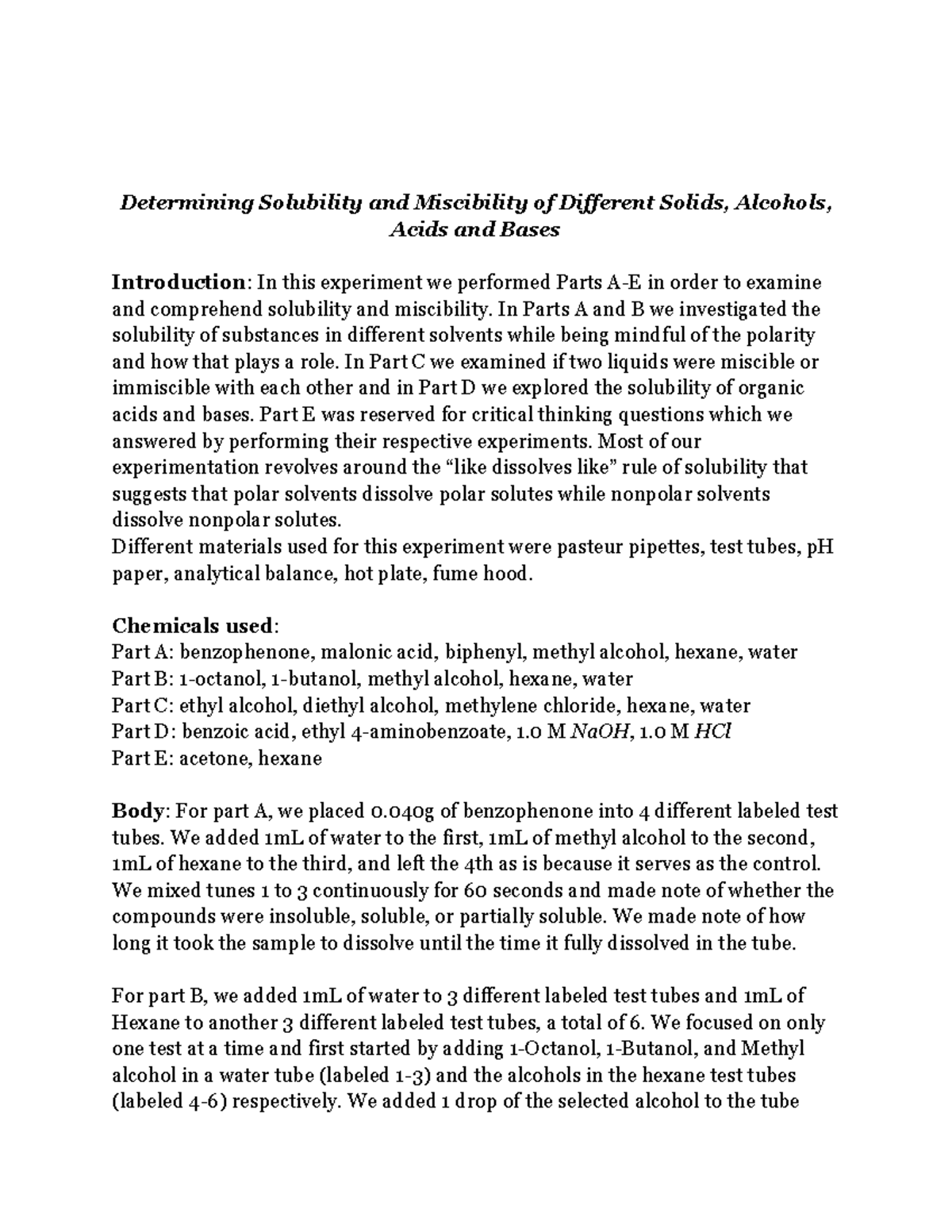 Experiment on Solubility & Miscibility of Solids, Alcohols, & Acids ...
