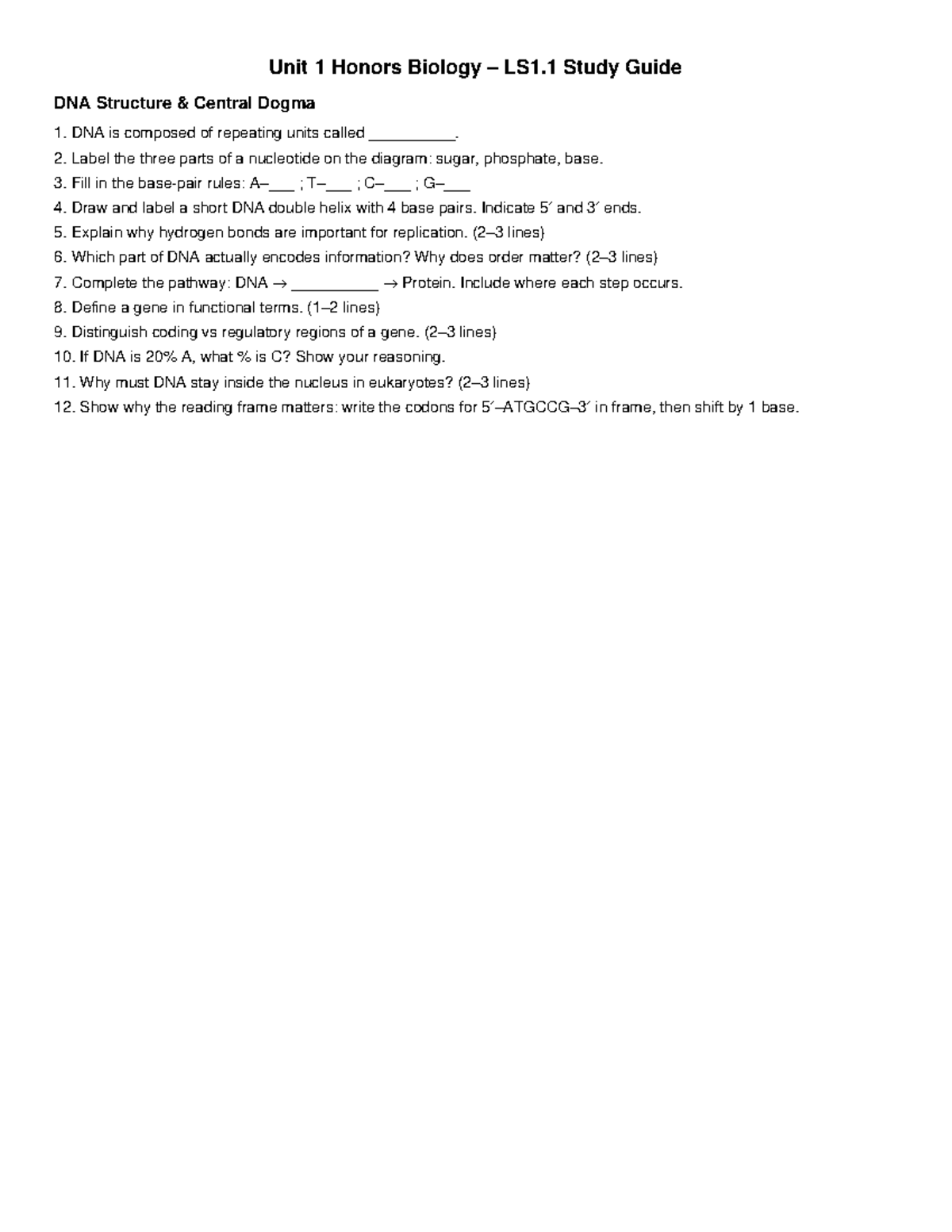 LS1.1 Honors Biology Study Guide: DNA Structure & Central Dogma - Studocu