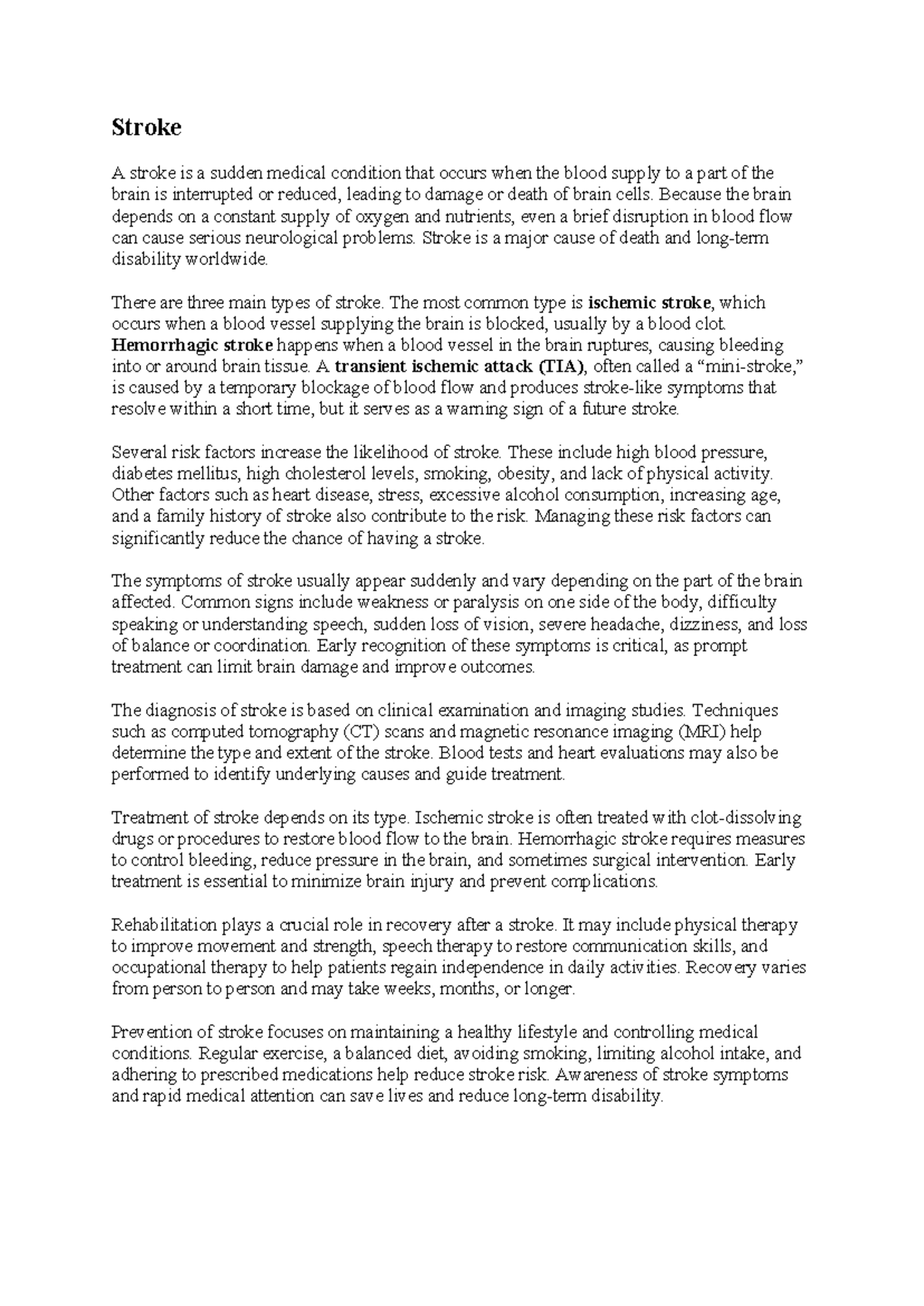 Understanding Stroke: Types, Symptoms, and Prevention - Studocu