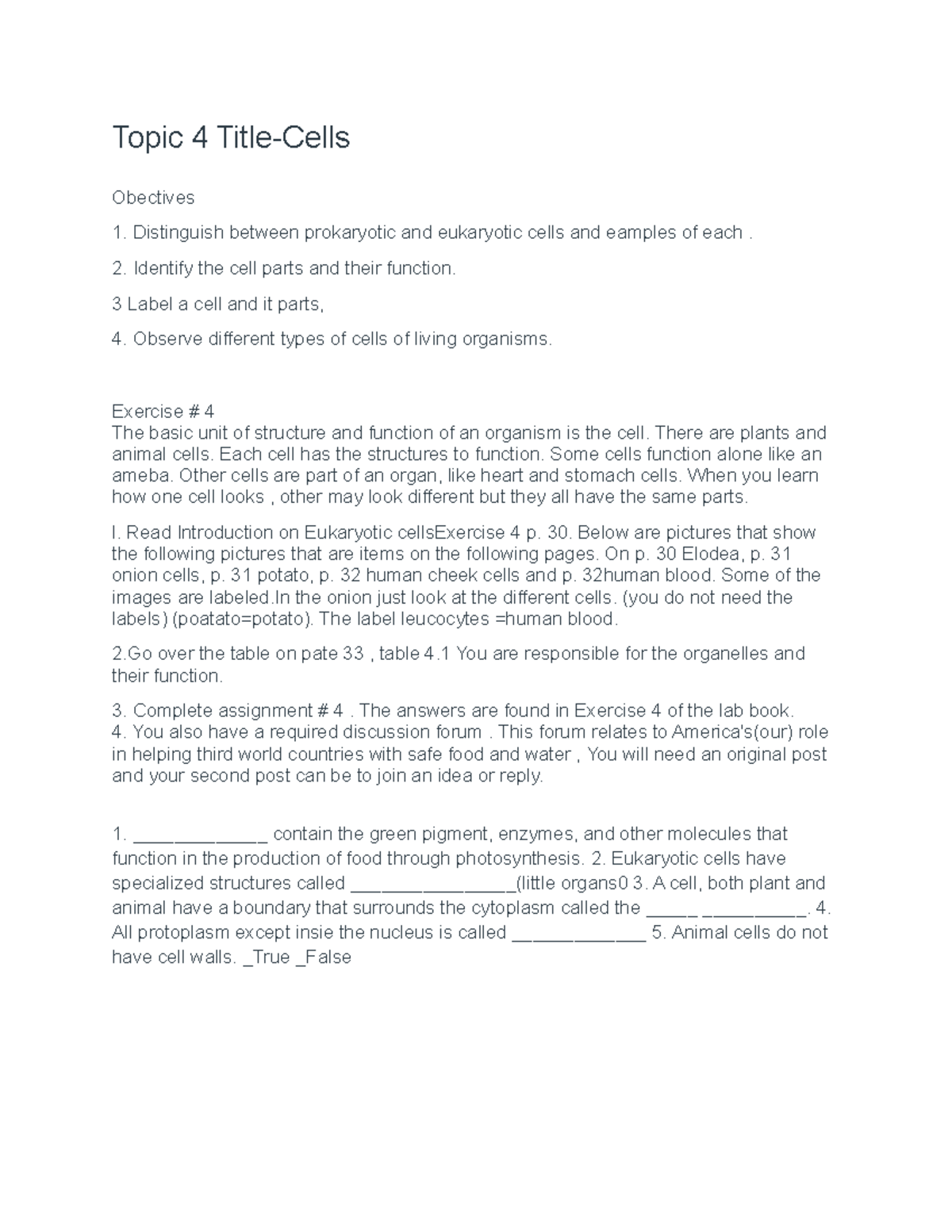 Human Bio Lab 4: Objectives and Activities on Cells - Studocu
