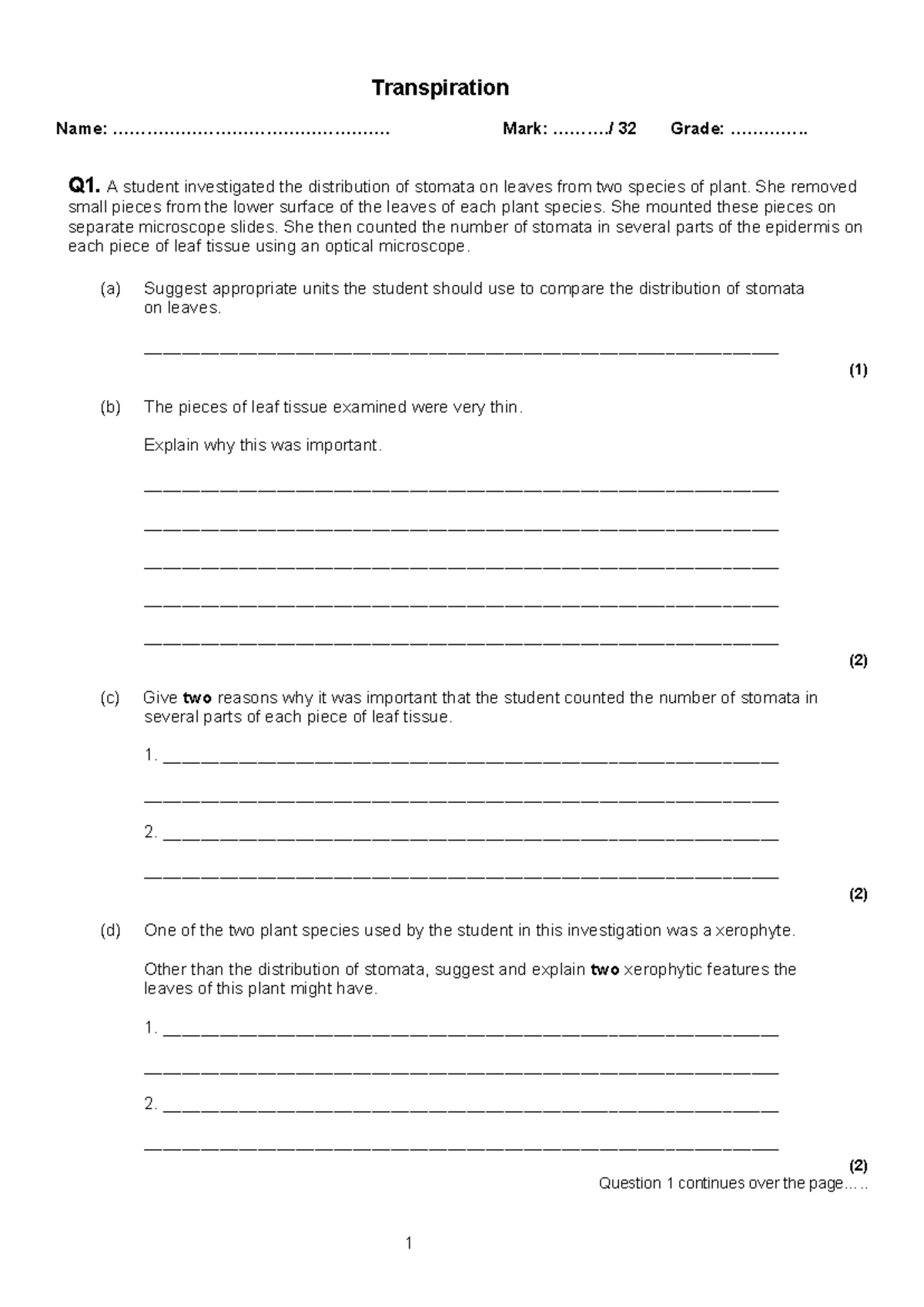 Transpiration qus ex 32 - Transpiration Name