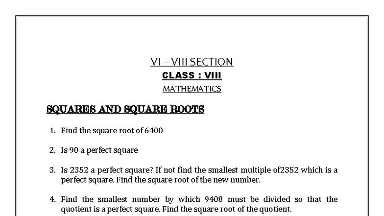 CBSE Class 8 Math Worksheet: Squares & Square Roots 2 - Studocu