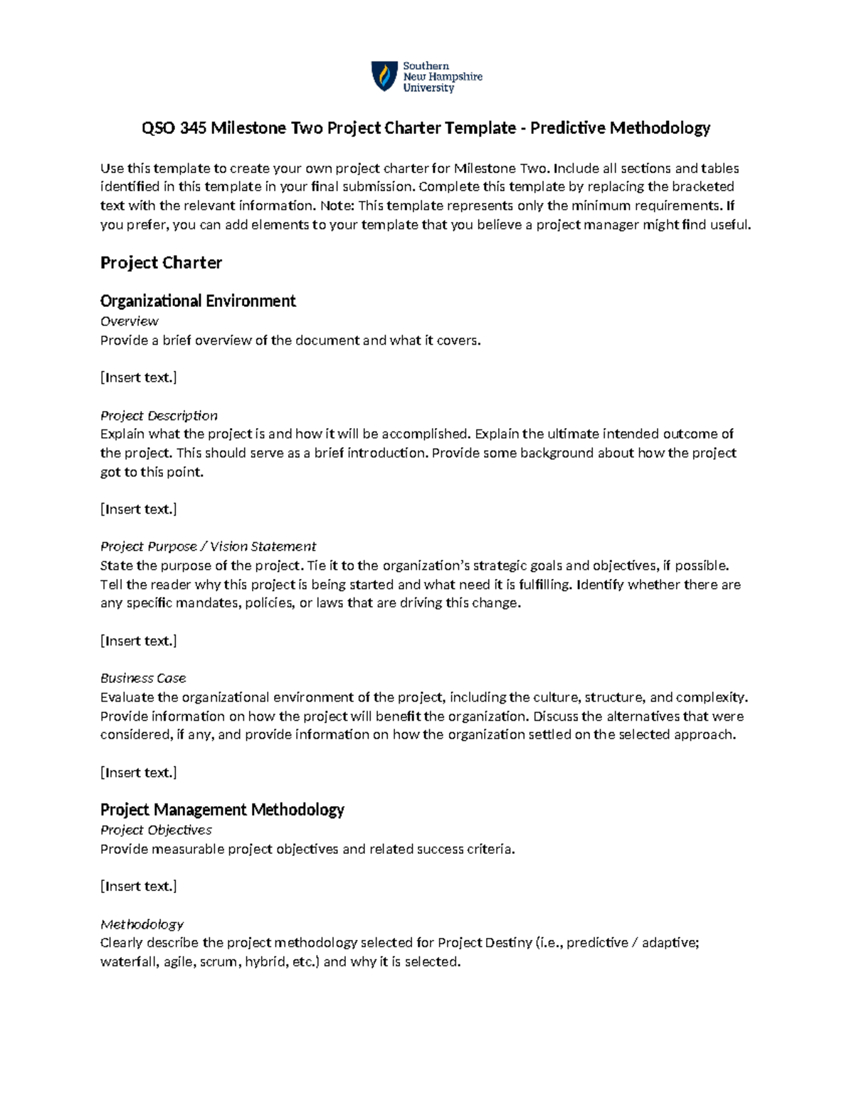 QSO 345 Milestone Two Project Charter Template - Predictive Methodology ...