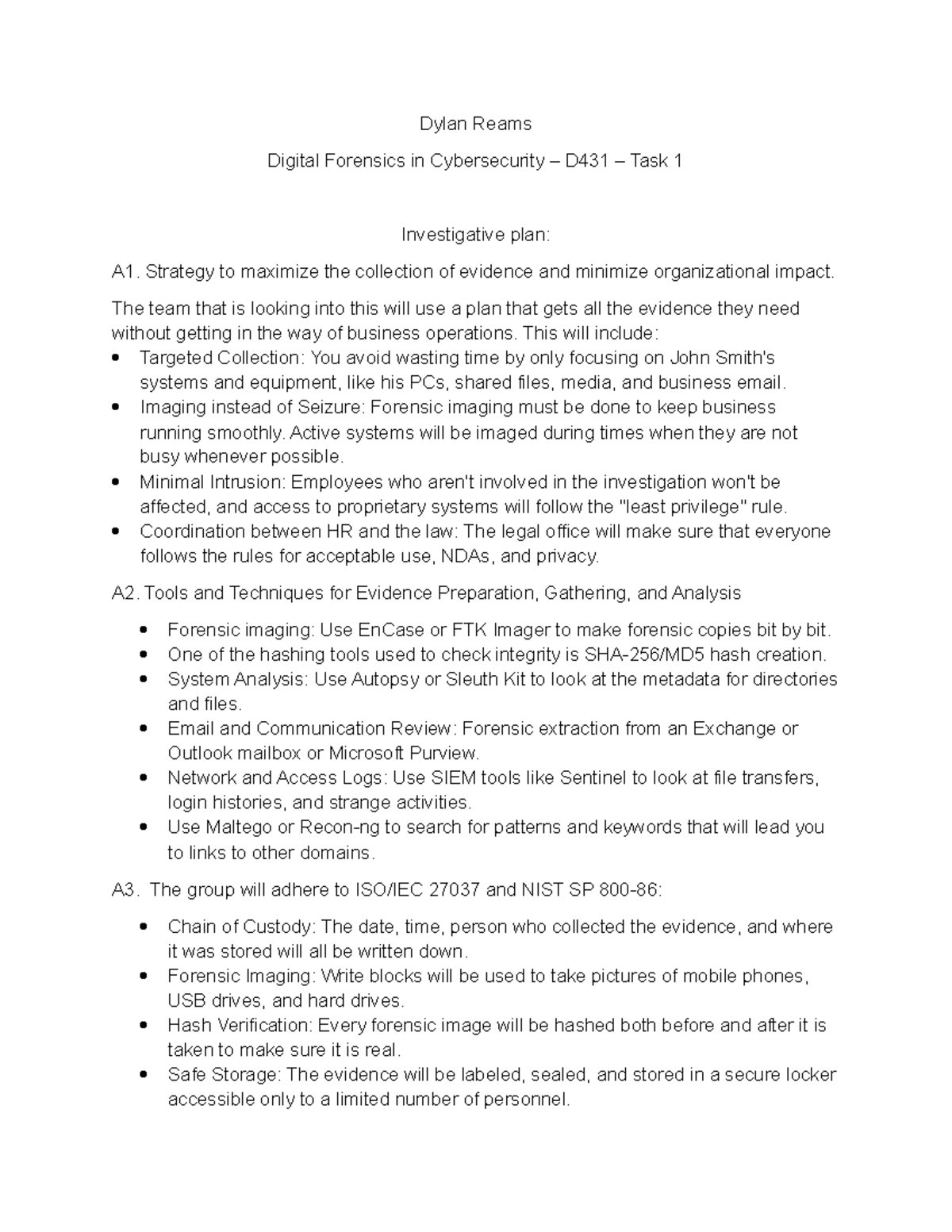 D431 Digital Forensics Task 1: Investigative Plan & Evidence Collection - Studocu