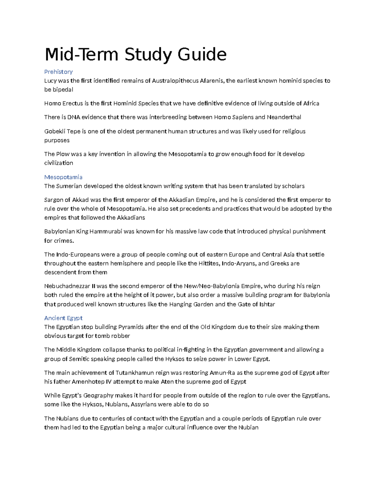 Midterm Study Guide: Ancient Civilizations from Prehistory to Rome ...