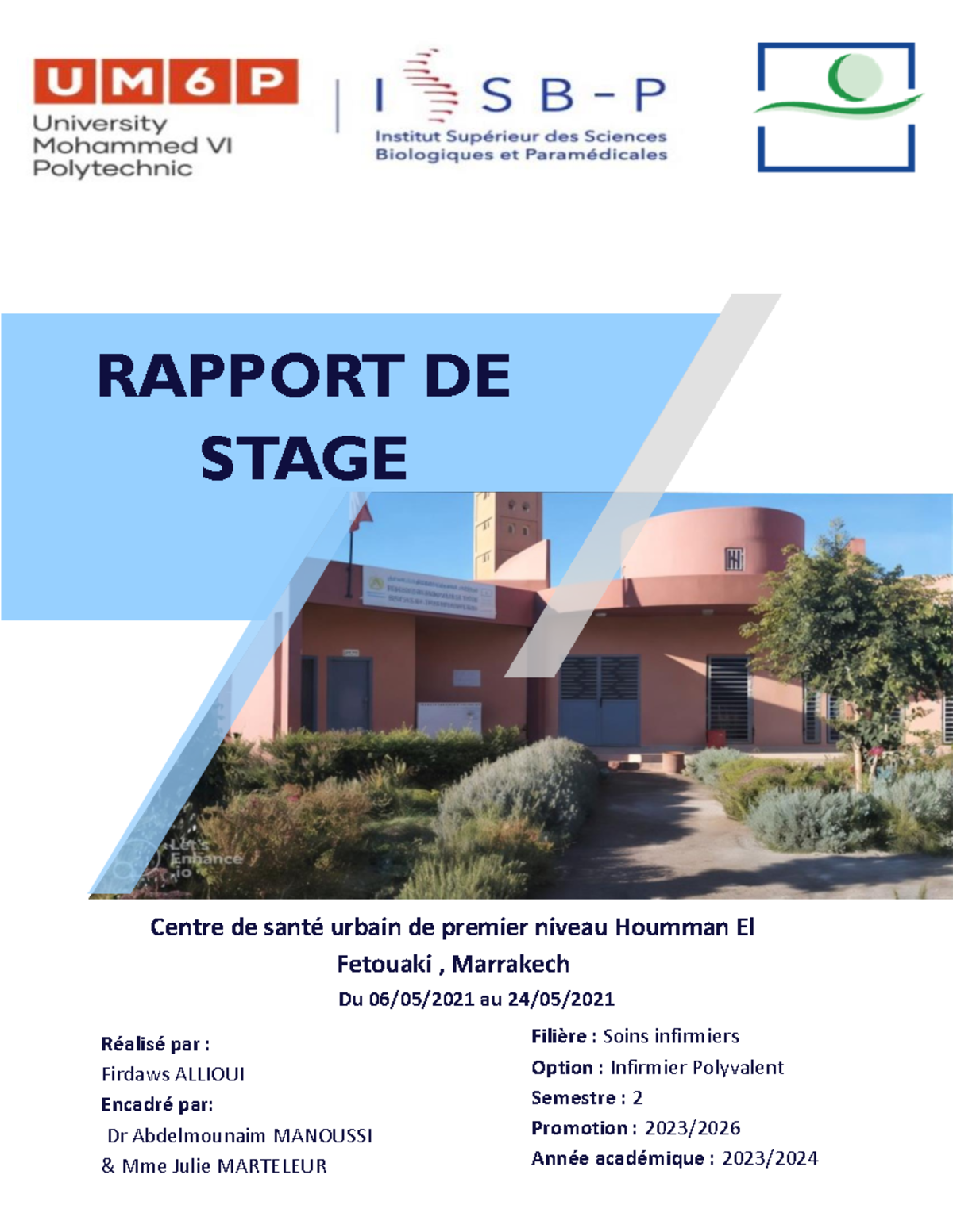 Rapport de Stage en Soins Infirmiers - Semestre 2 - Promo 2023/2024 ...