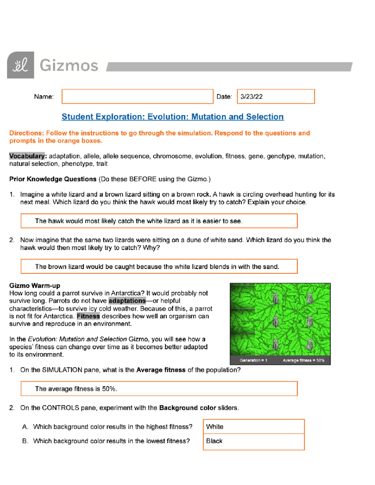 Evolution Gizmo Answers Part 1 - Study Guide - Studocu