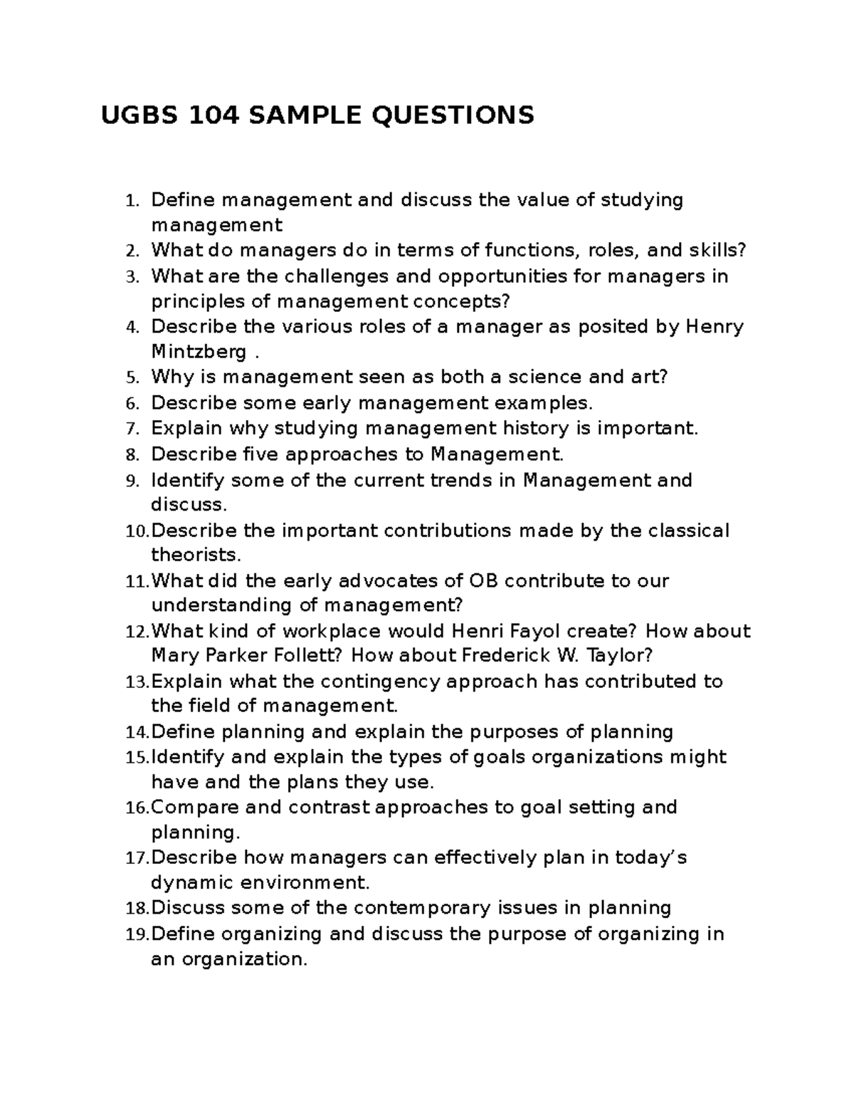 UGBS 104 Final Exam Sample Questions and Management Concepts - Studocu