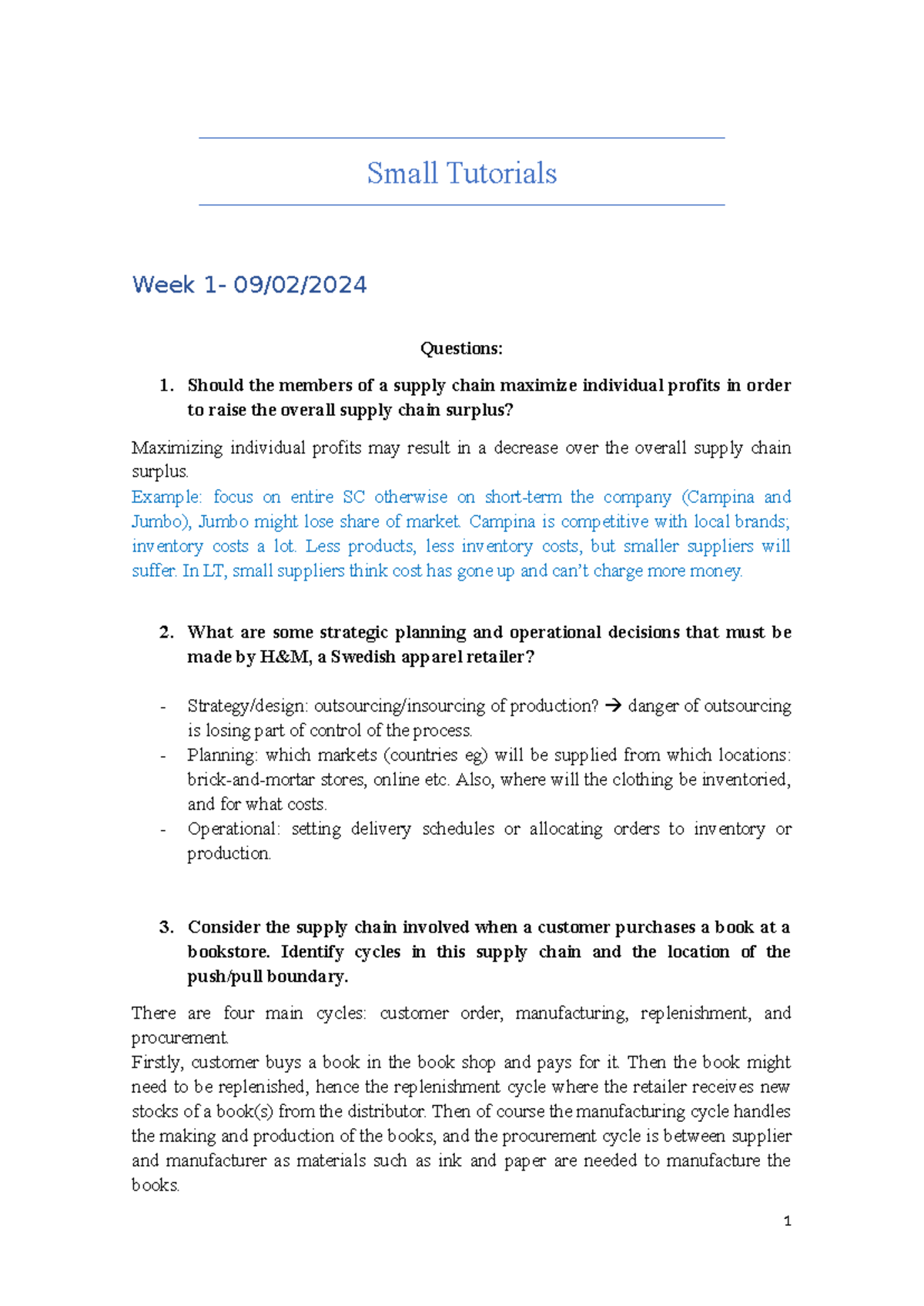 Global Supply Chain Management Tutorial Exercises Analysis - Studeersnel
