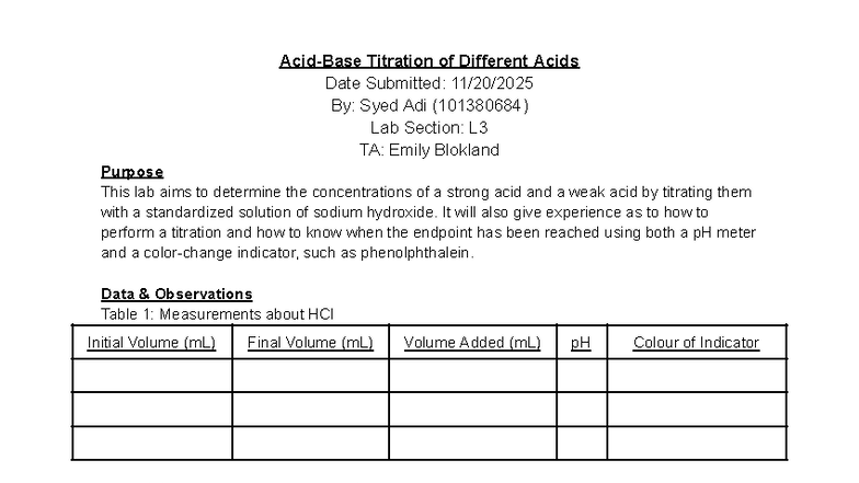 Lab Report: Titration of Strong and Weak Acids (CHEM 101) - Studocu