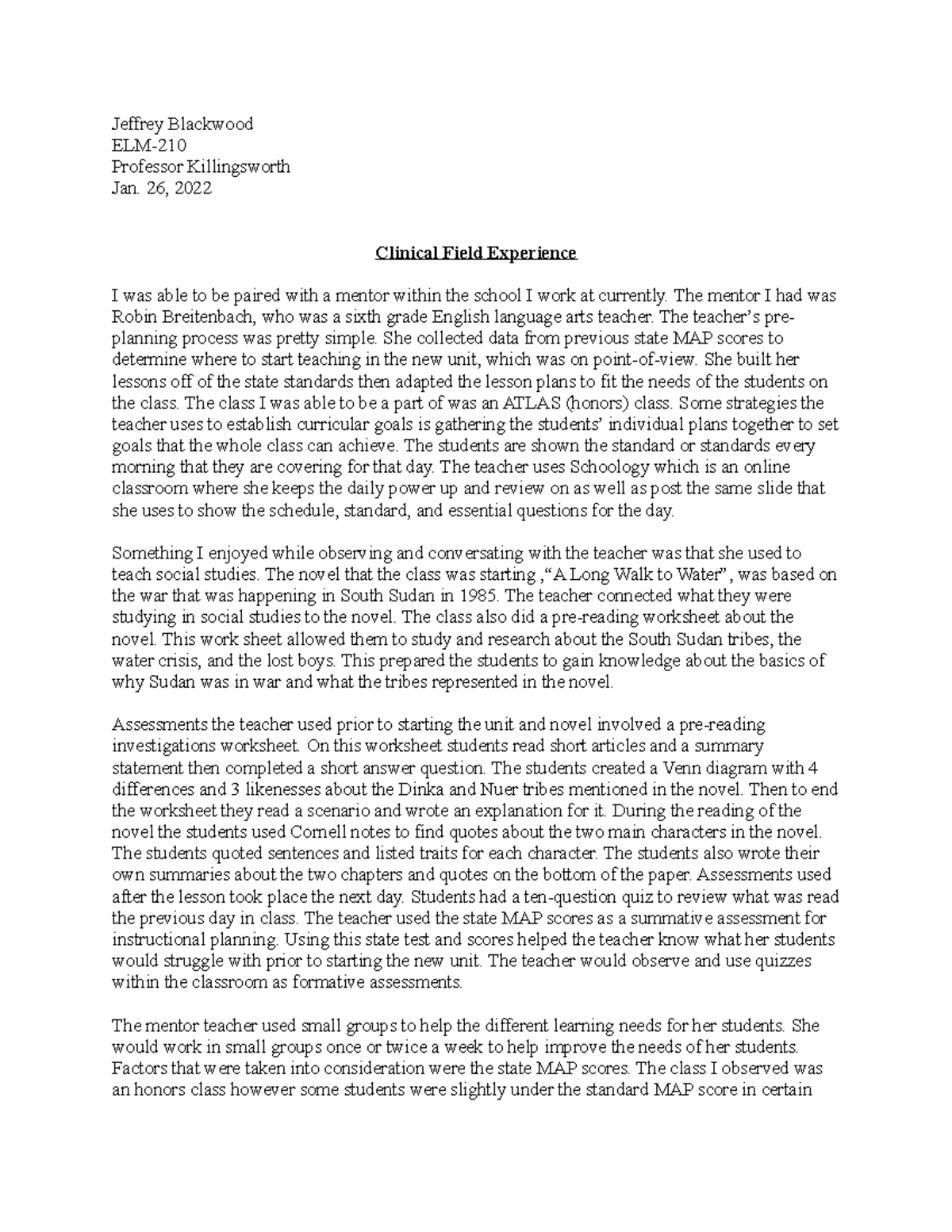 ELM- Clinical Field Experience Reflection on Teaching Strategies - Studocu