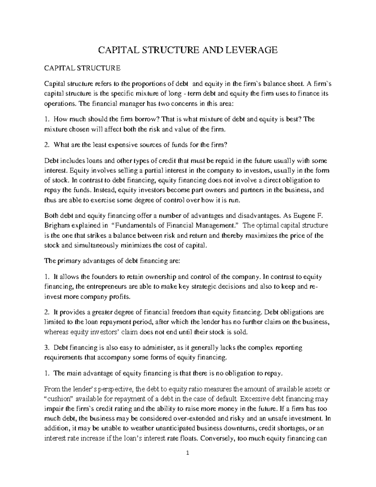 Capital Structure and Leverage: Key Concepts and Analysis - Studocu