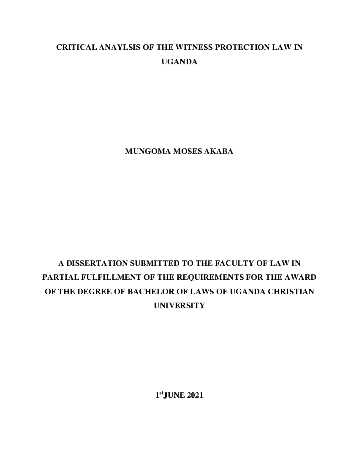 Critical Analysis of Witness Protection Law in Uganda - LL.B ...