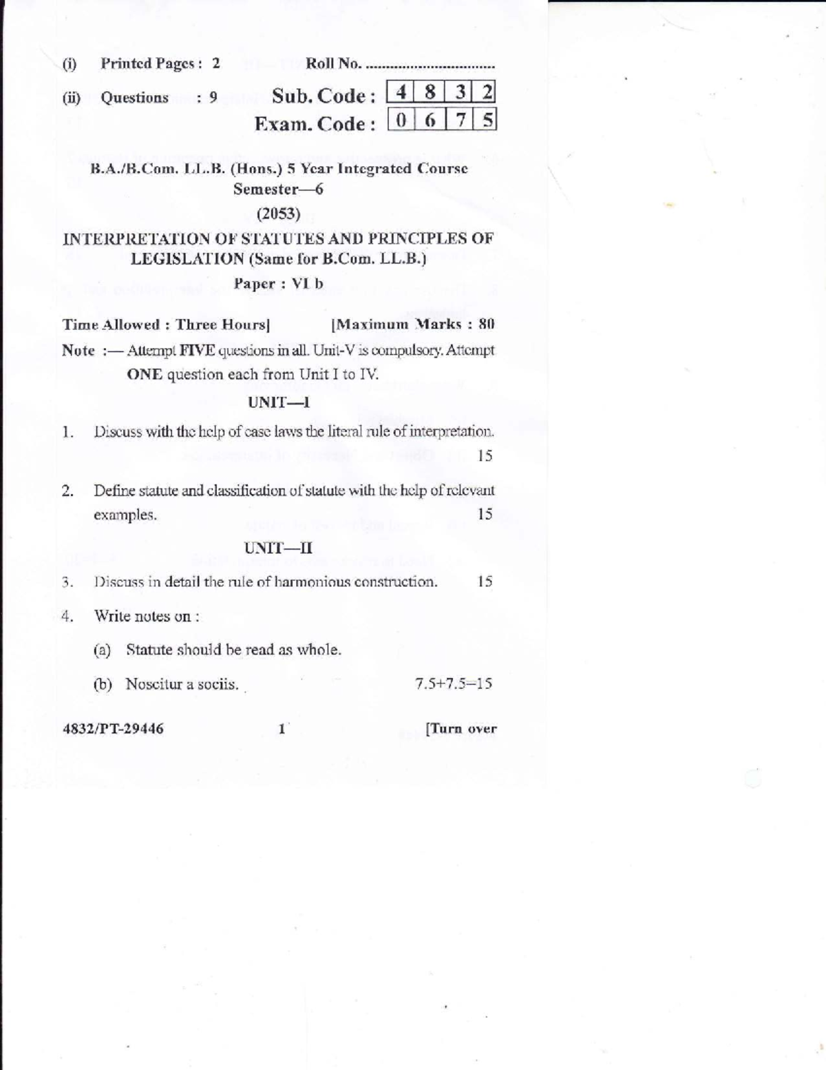 LL.B. (Hons.) 5 Year Course: Interpretation of Statutes Exam Paper ...
