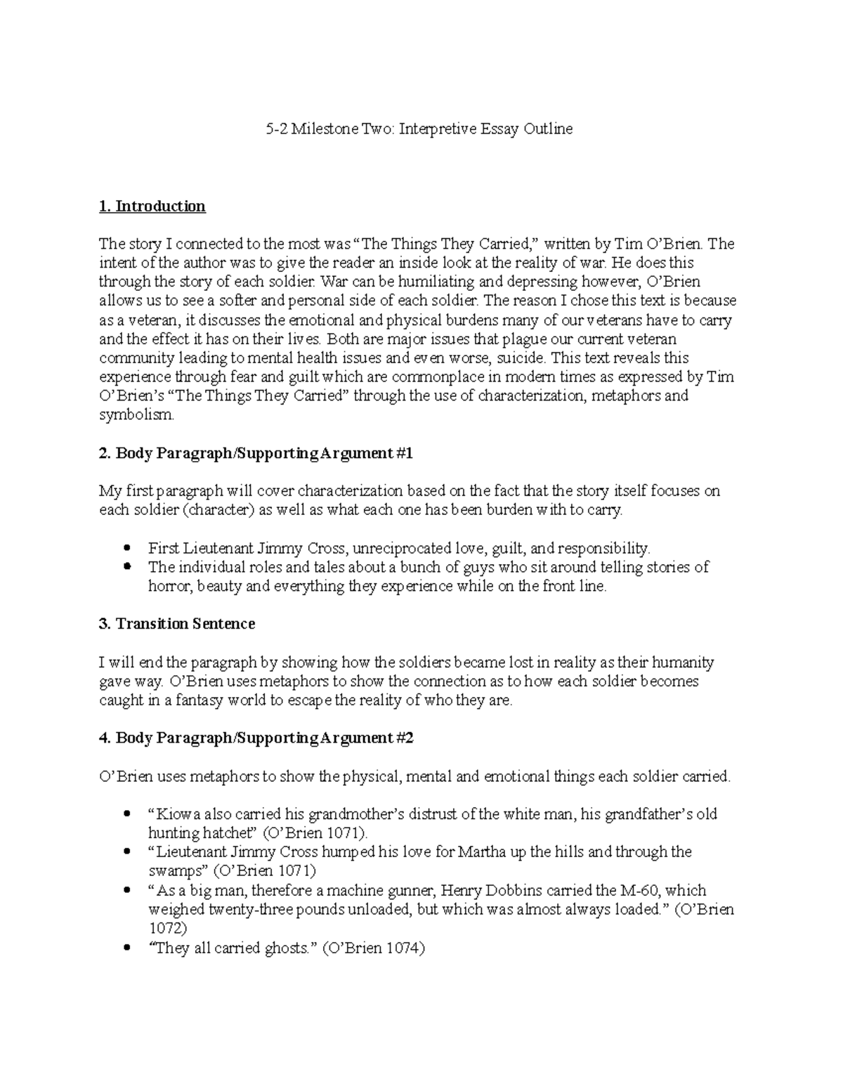 5-2 Milestone Two: Interpretive Essay Outline on "The Things They ...