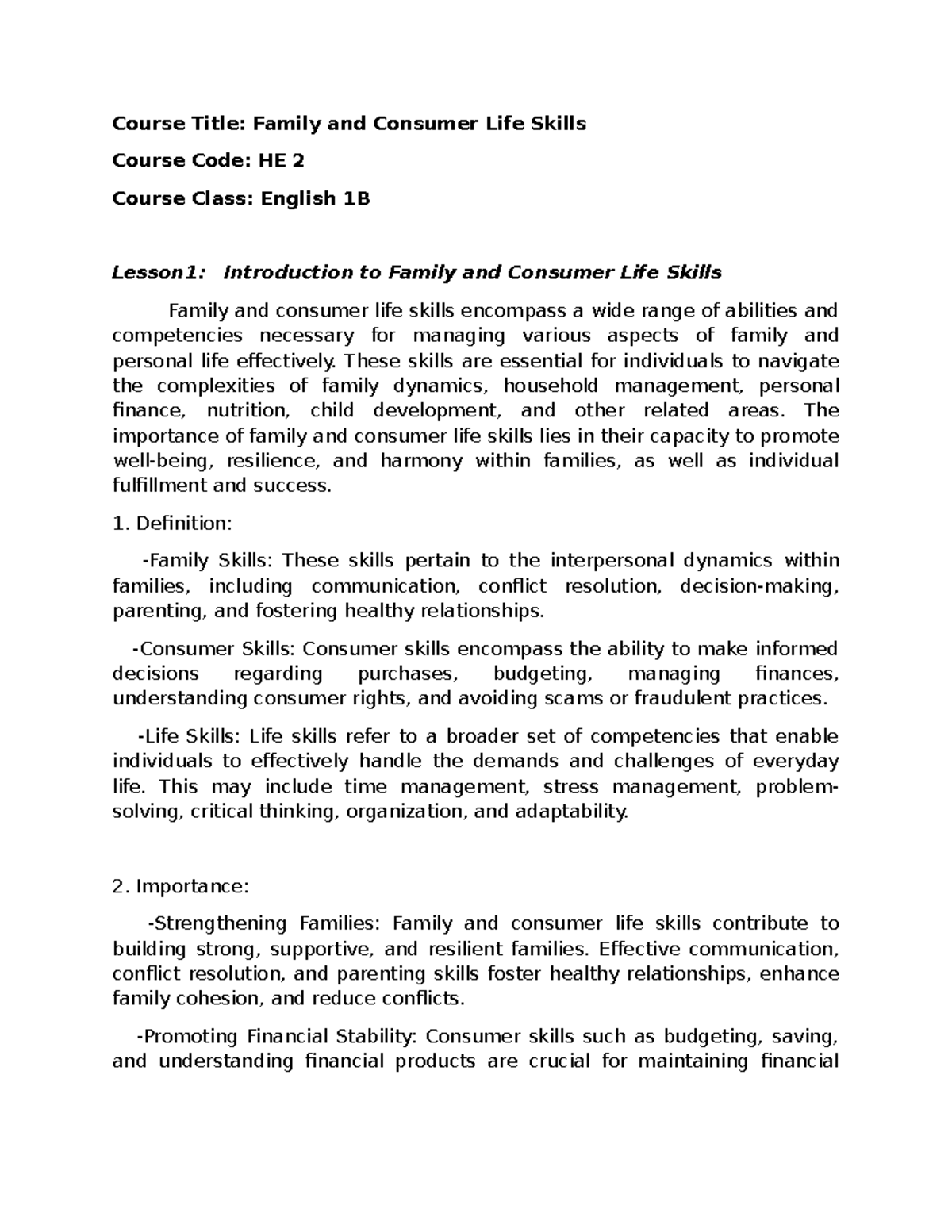 HE 2 Lesson 1: Introduction to Family and Consumer Life Skills - Studocu