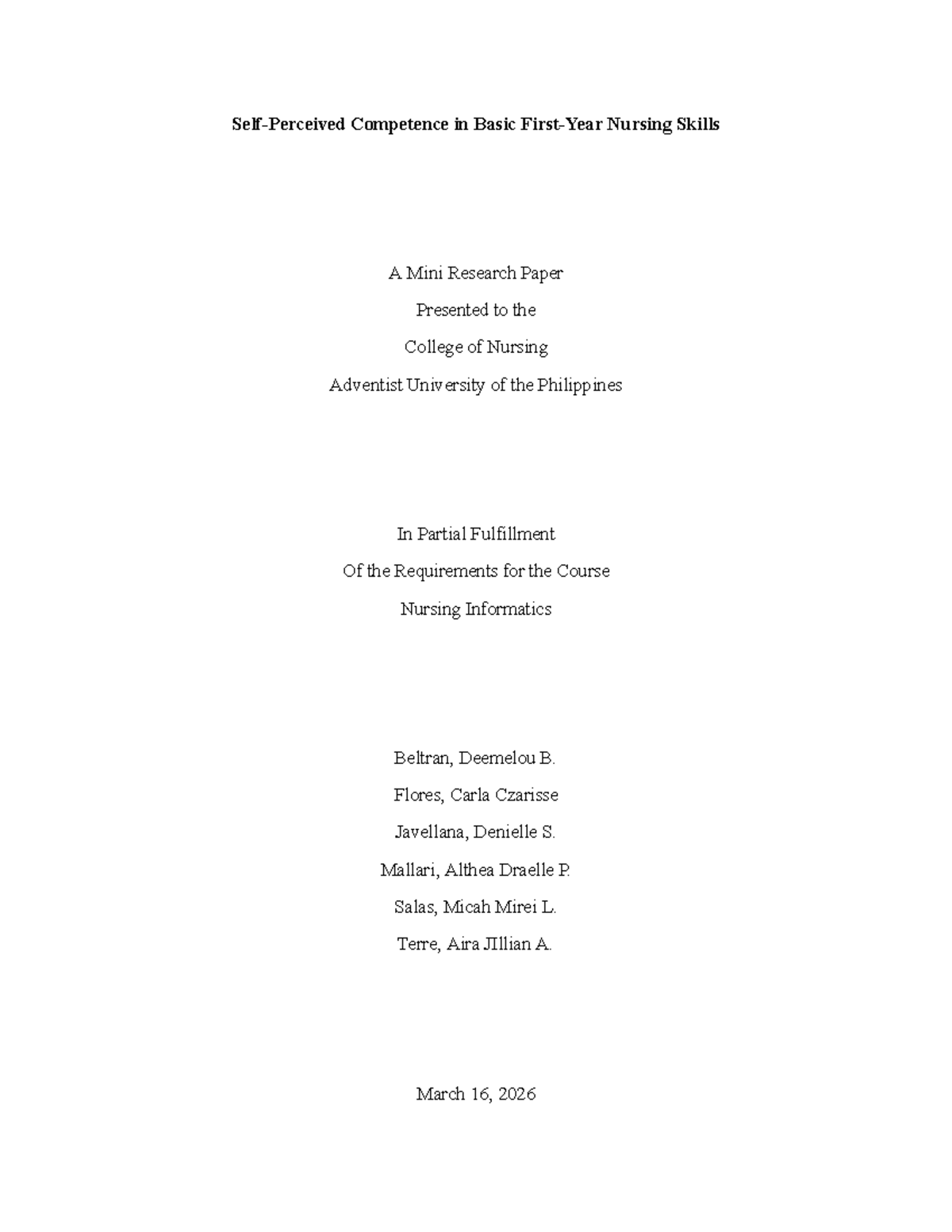 Competence in Basic Nursing Skills: A Mini Research Paper for NI 101 ...