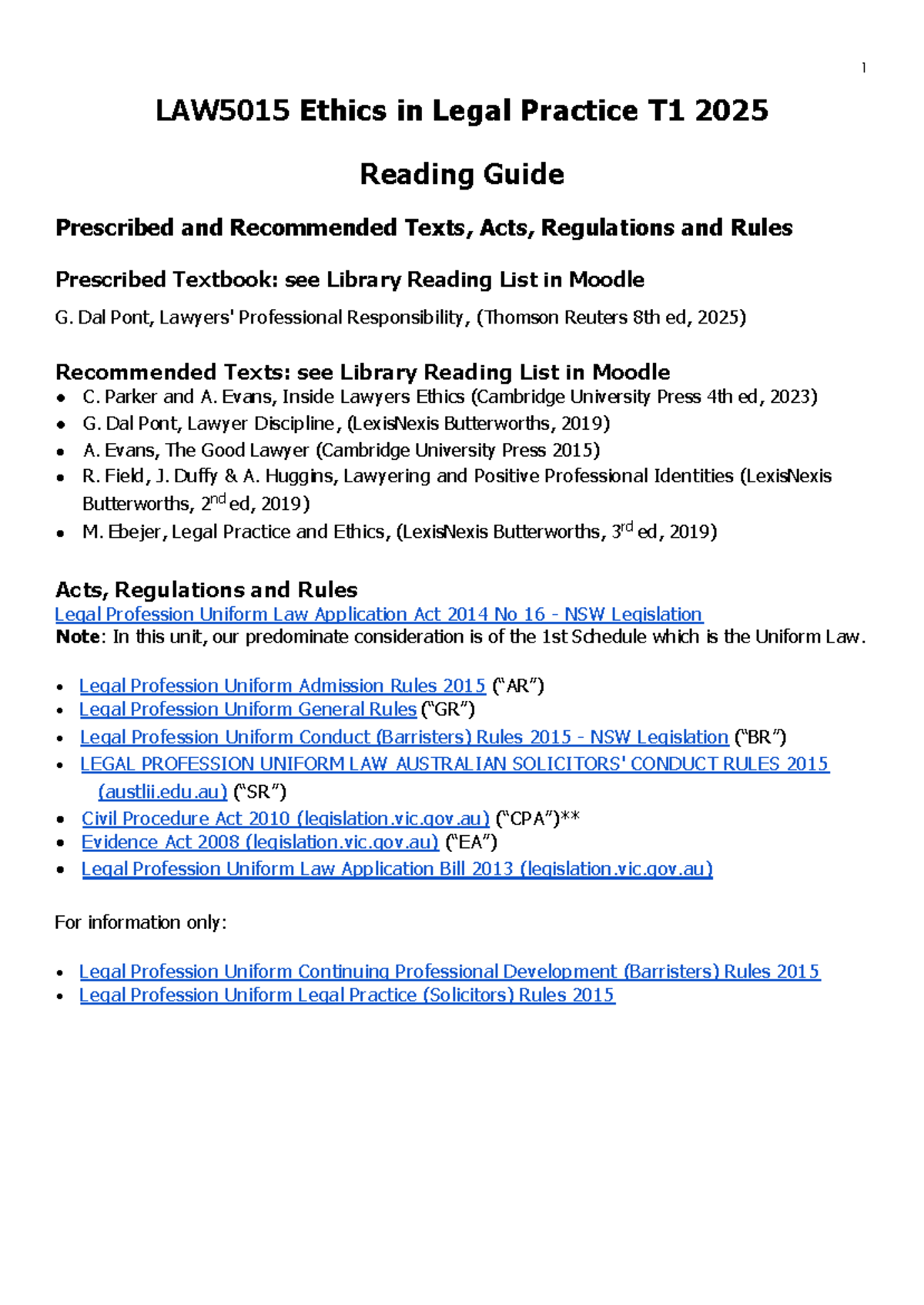LAW5015 Ethics in Legal Practice T1 2025 Reading Guide and Resources ...