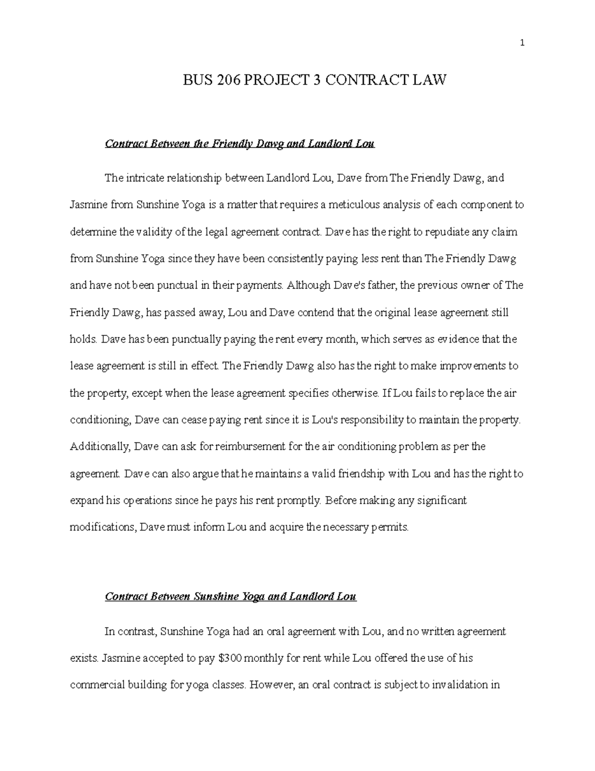 BUS 206 Project 3 Contract LAW - 1 BUS 206 PROJECT 3 CONTRACT LAW ...