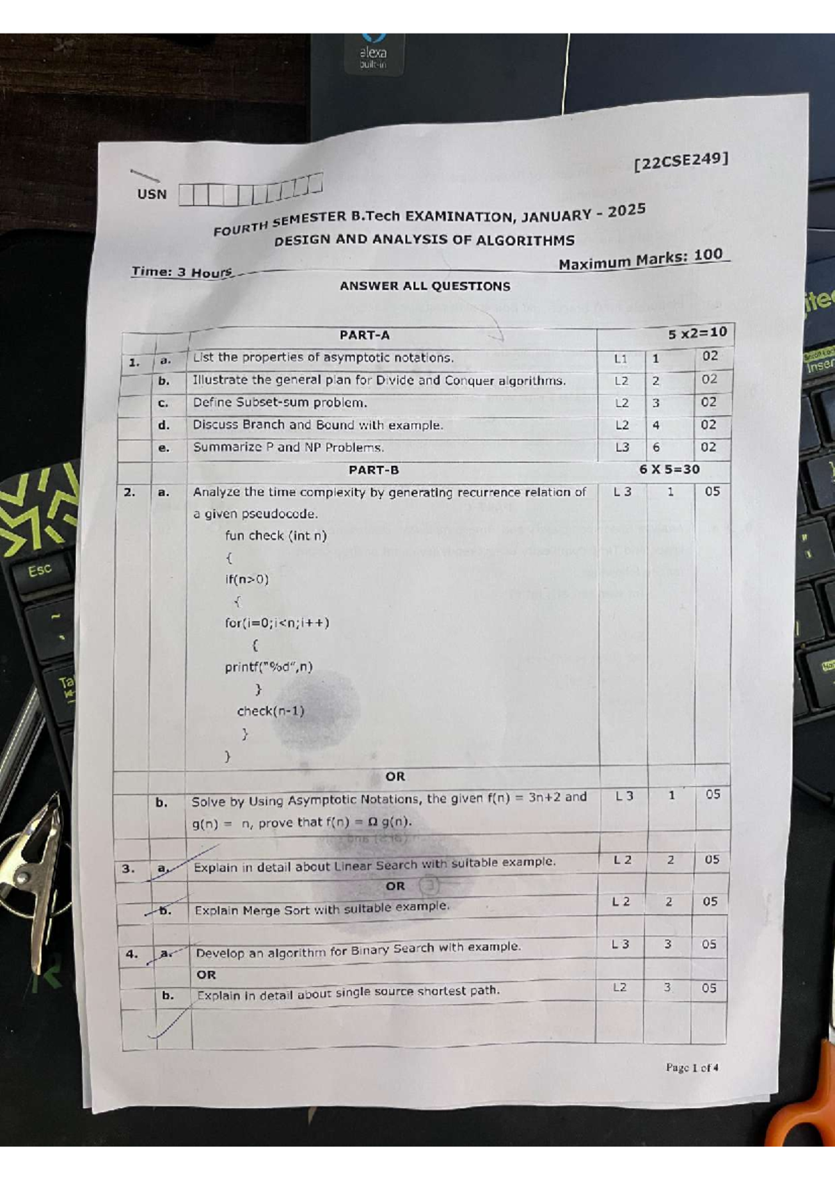 USN 4TH SEM B.Tech EXAM, JAN 2025: DESIGN & ANALYSIS OF ALGORITHMS ...
