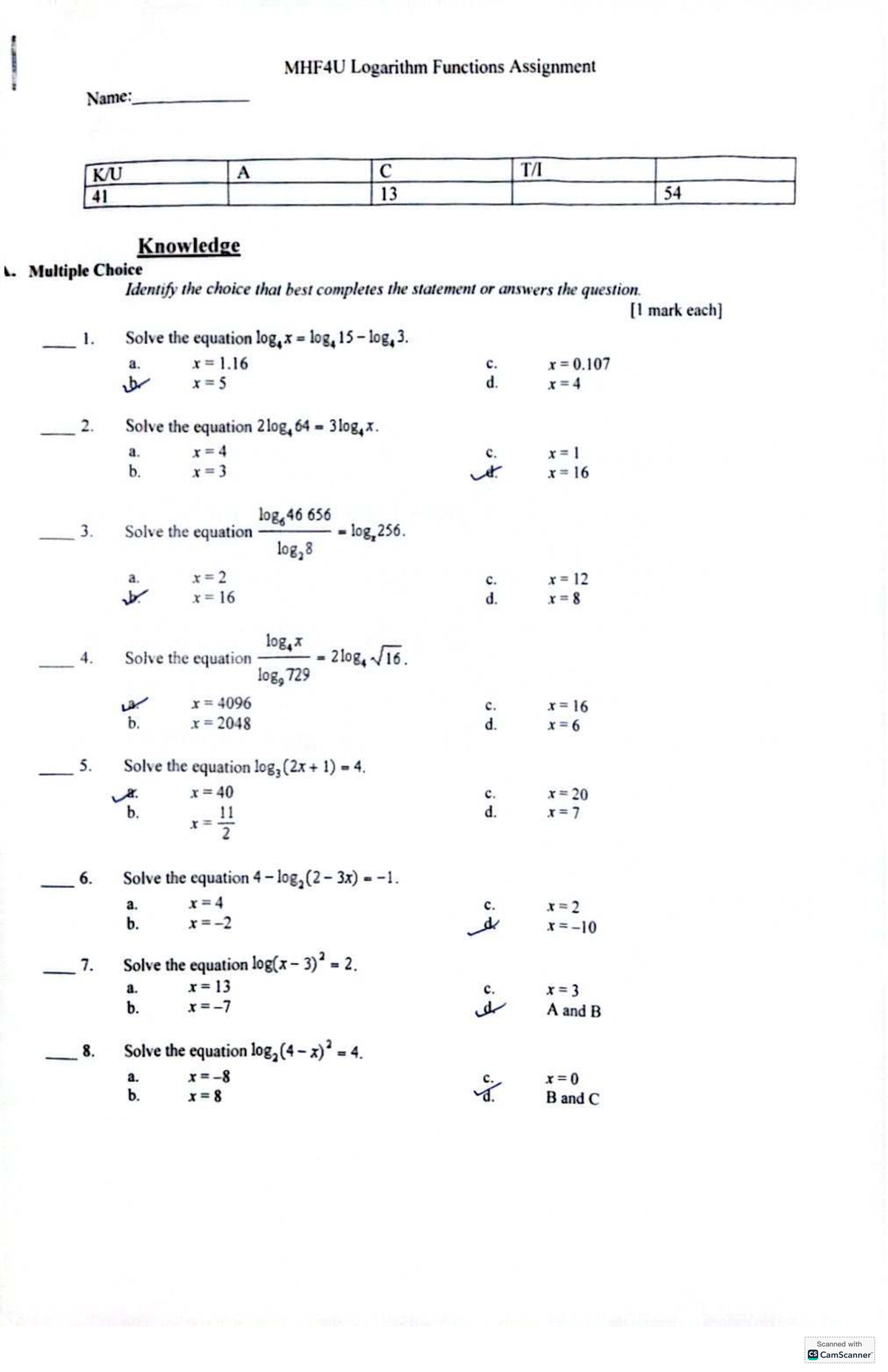 MHF4U Logarithm Functions Assignment - Multiple Choice Questions - Studocu