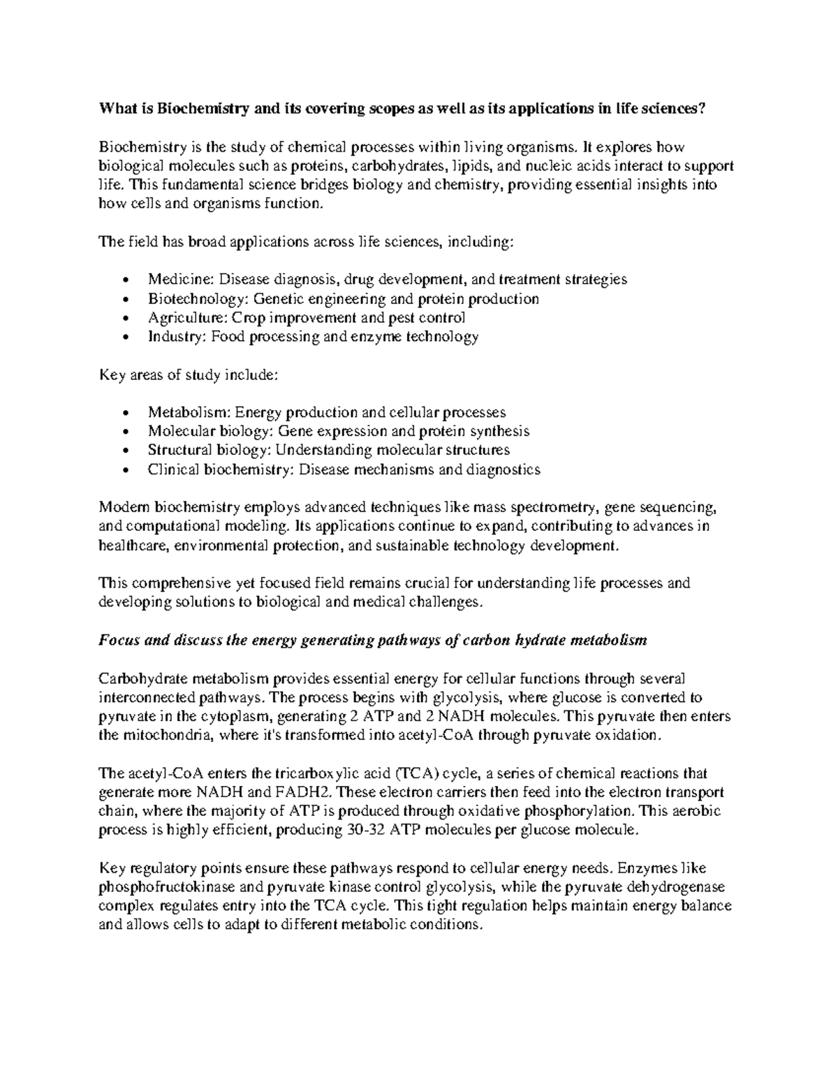Biochemistry (BIO 101) - Final Exam Study Guide - Studocu