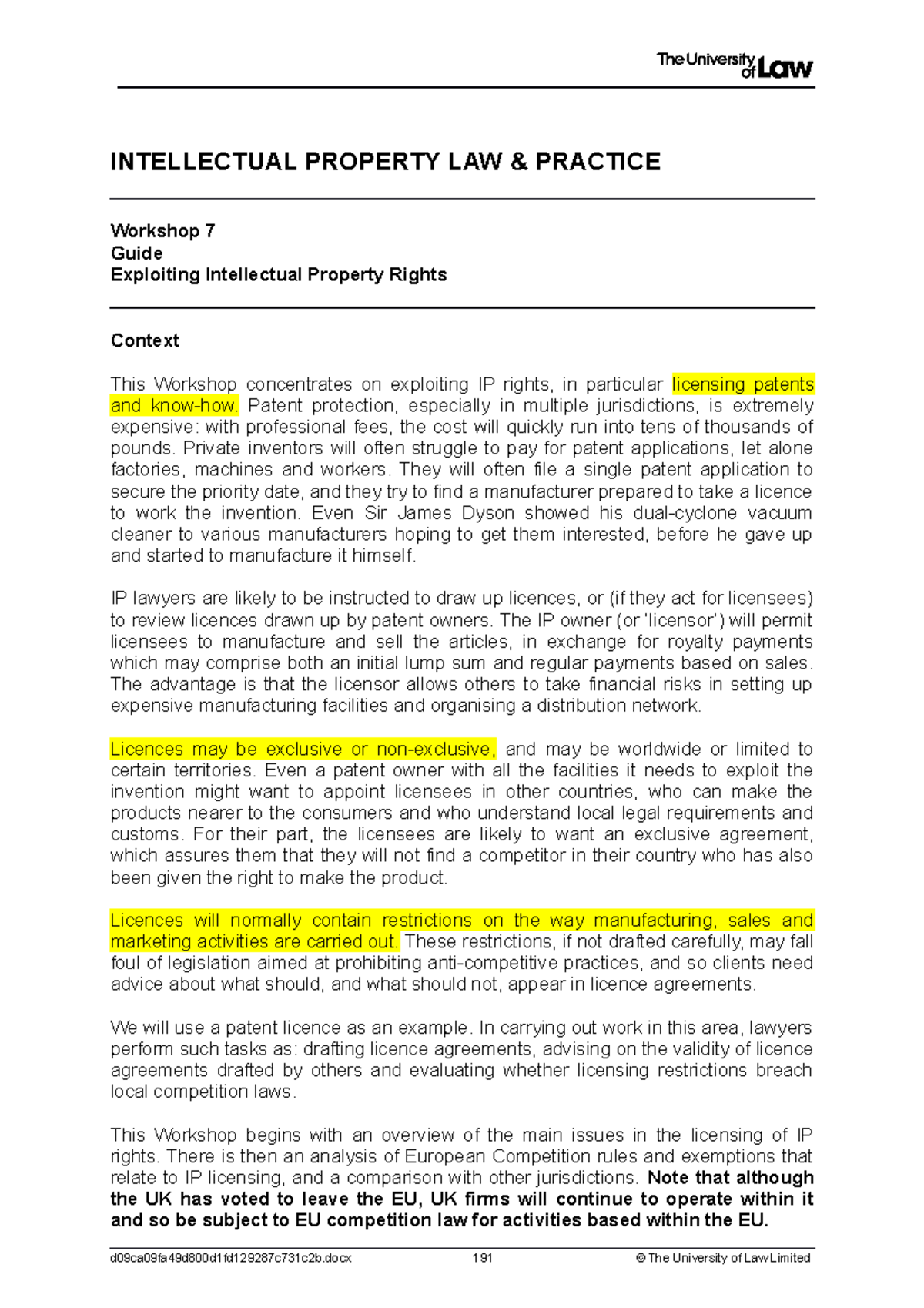 WS 7 - WS 7 - INTELLECTUAL PROPERTY LAW & PRACTICE Workshop 7 Guide ...