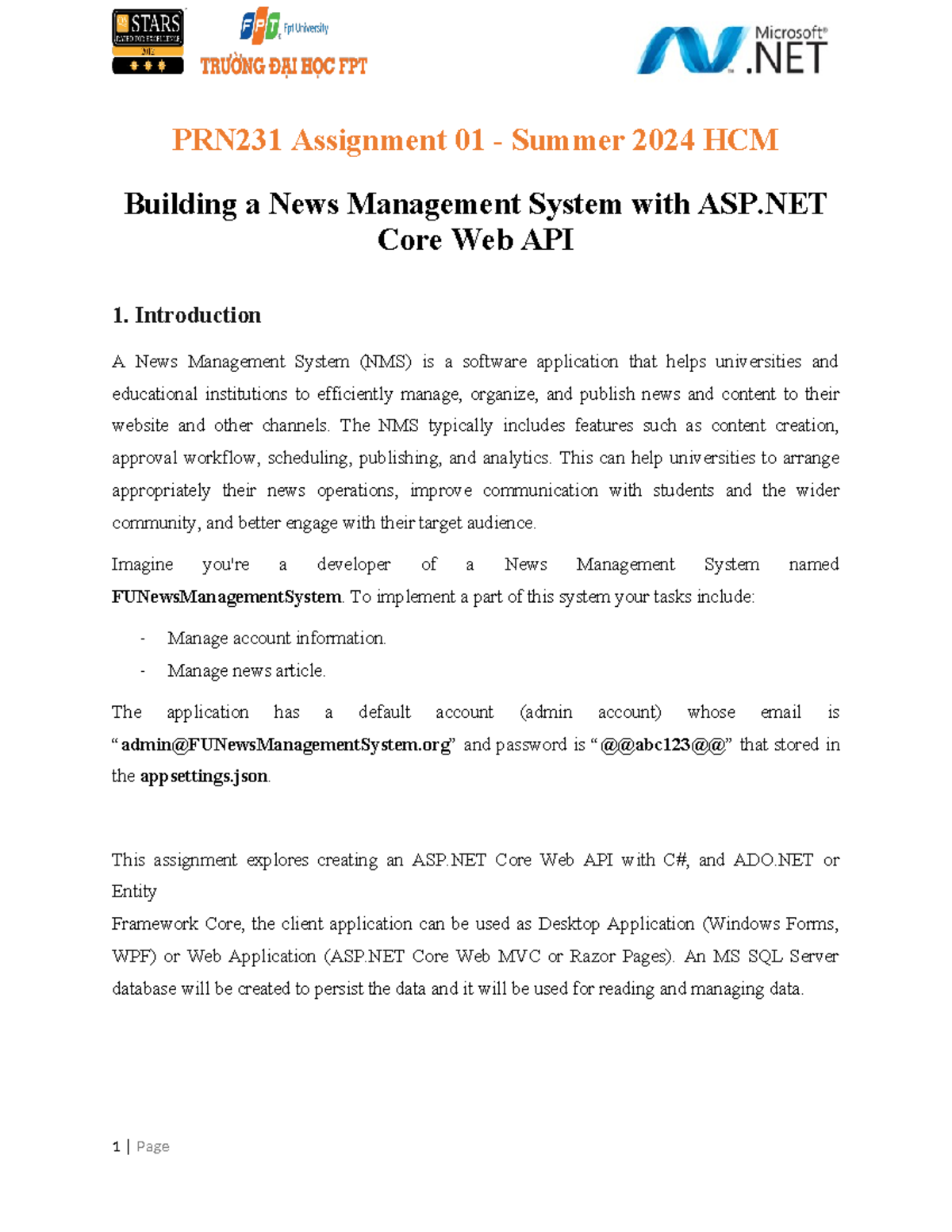 PRN231 Assignment 01 Summer 2024 - PRN231 Assignment 01 - Summer 2024 HCM Building a News ...