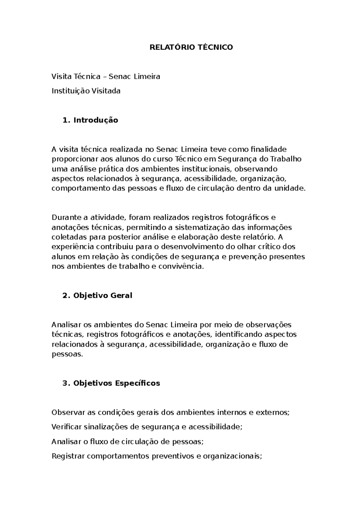 Relatório Técnico: Visita ao Senac Limeira - Segurança do Trabalho ...