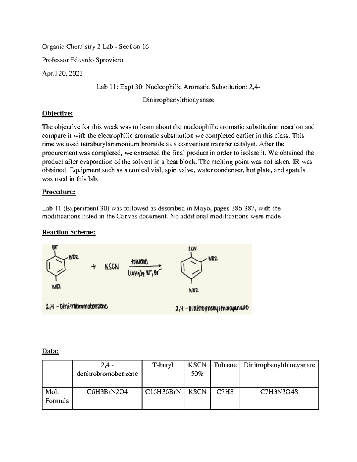 Orgo 2 Lab 11: Nucleophilic Aromatic Substitution Experiment 30 - Studocu