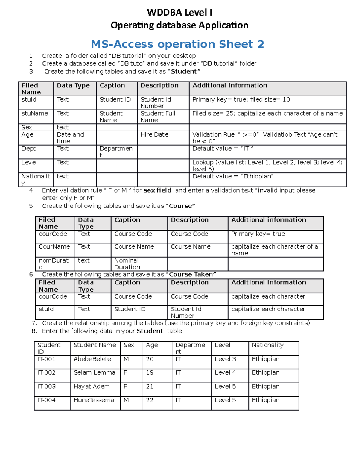 WDDBA Level I: MS Access Operation Sheet 2 - Practical Exercise - Studocu