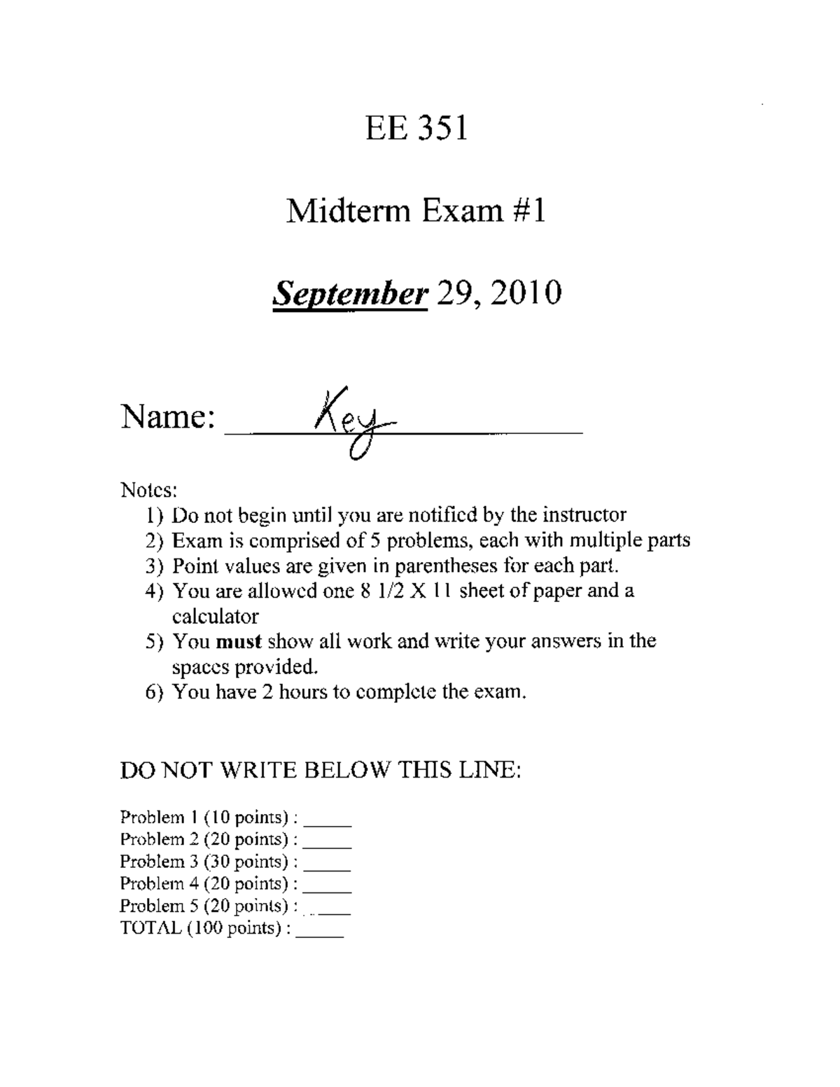 EE 351 Fall Midterm Exam 1 Solutions and Important Notes - Studocu