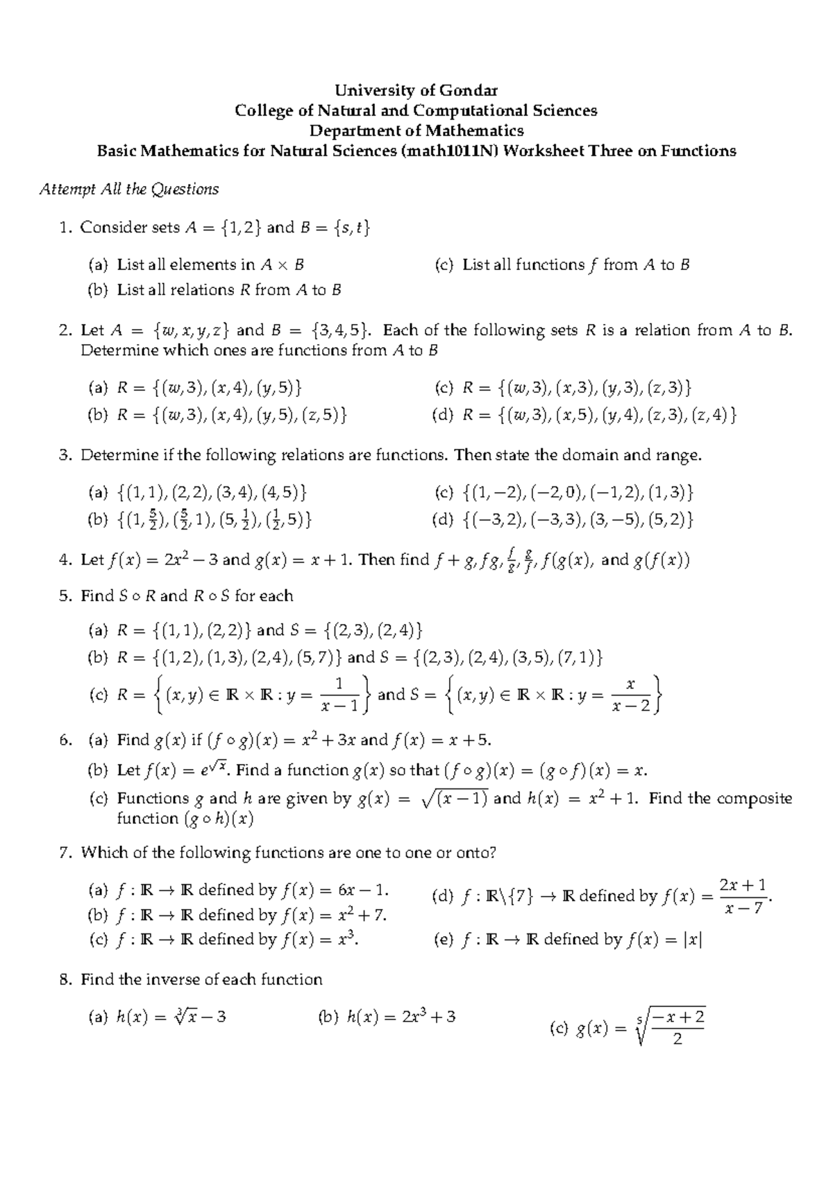 Math1011N Basic Math Functions Worksheet Three - Studocu